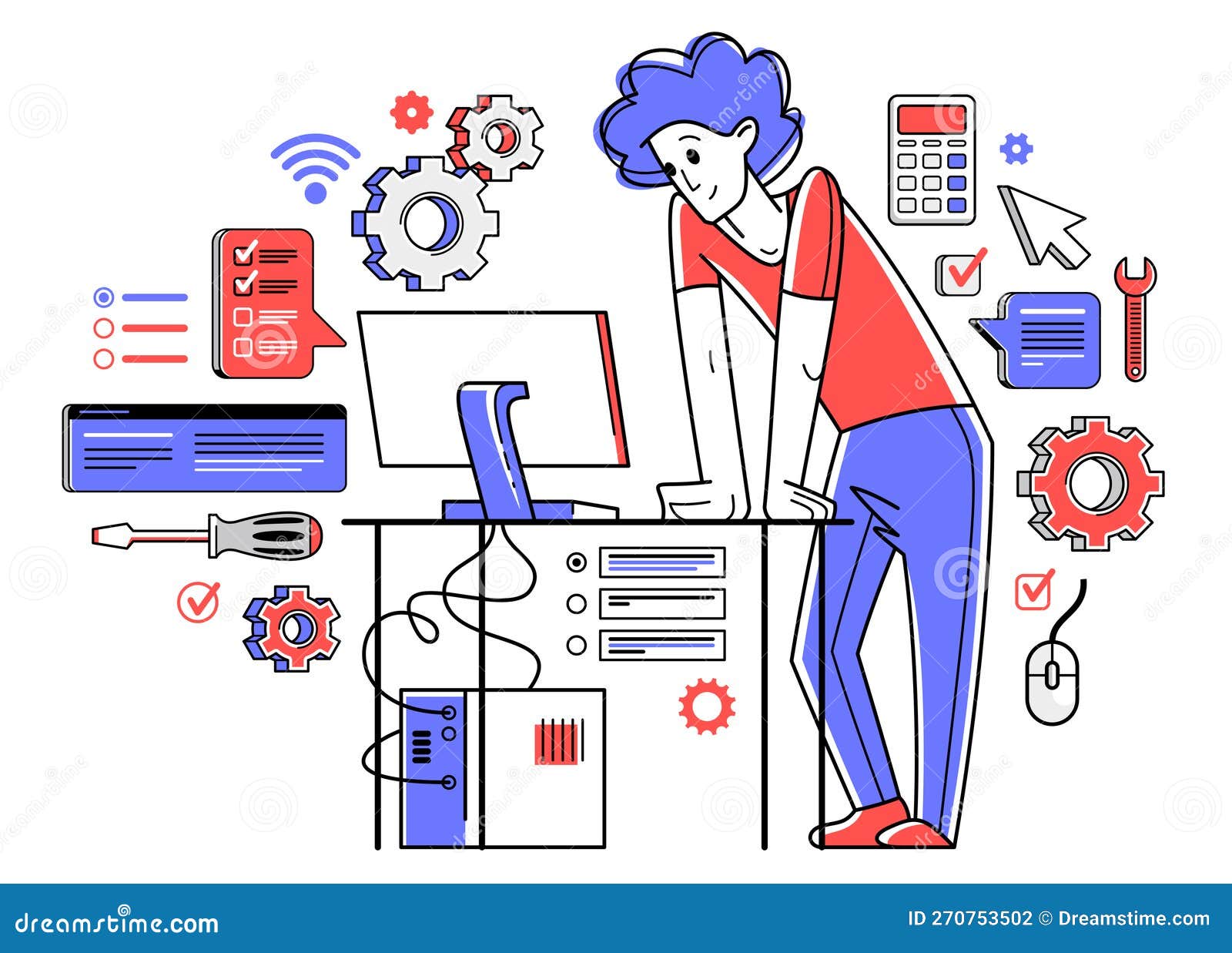 Technician Computer Engineer Repairing Pc Vector Outline Illustration ...
