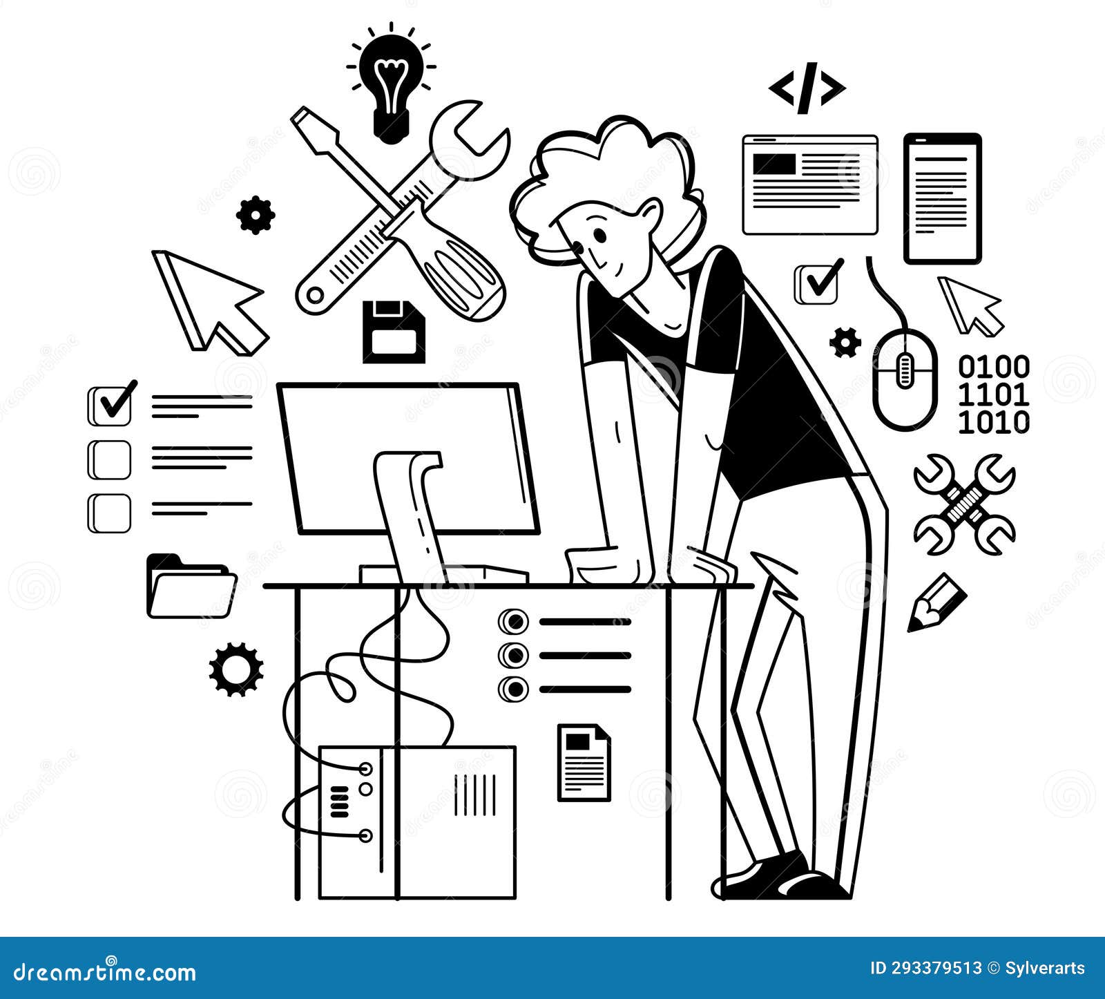 Technician Computer Engineer Repairing Pc Vector Outline Illustration ...