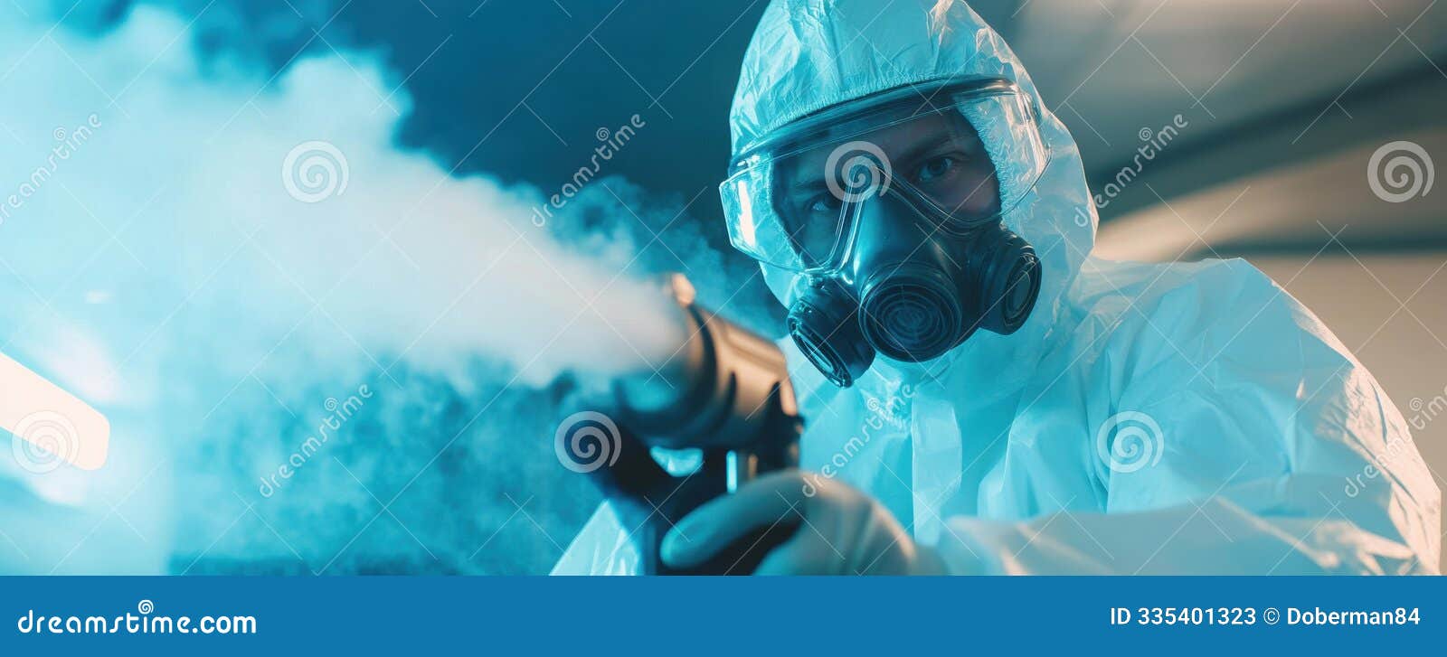 Close-up of a Technician in Full Protective Gear Using a Fogging ...