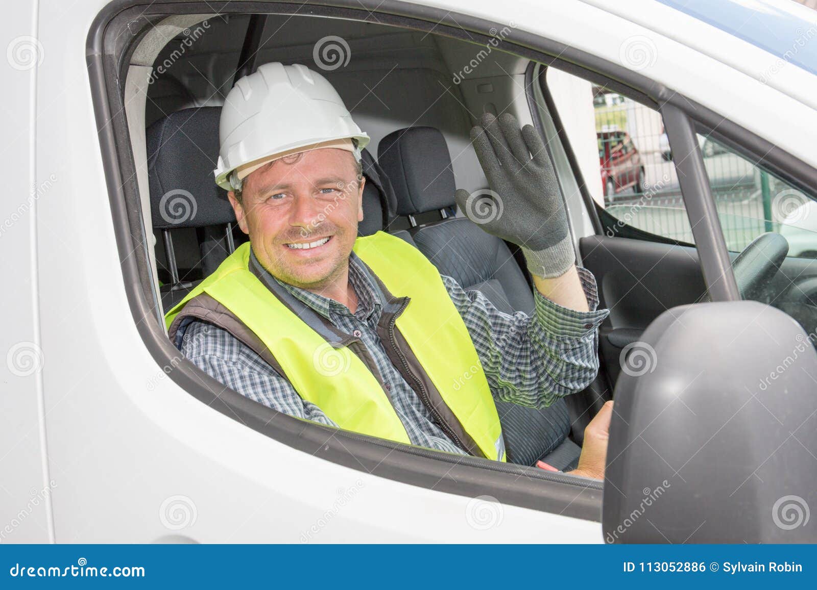 Technician Driving Van with Security Helmet Driver Stock Photo - Image ...