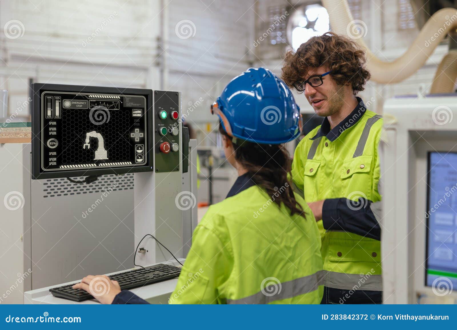 Technician Engineer Training Tralking Together. Worker Technician Team ...