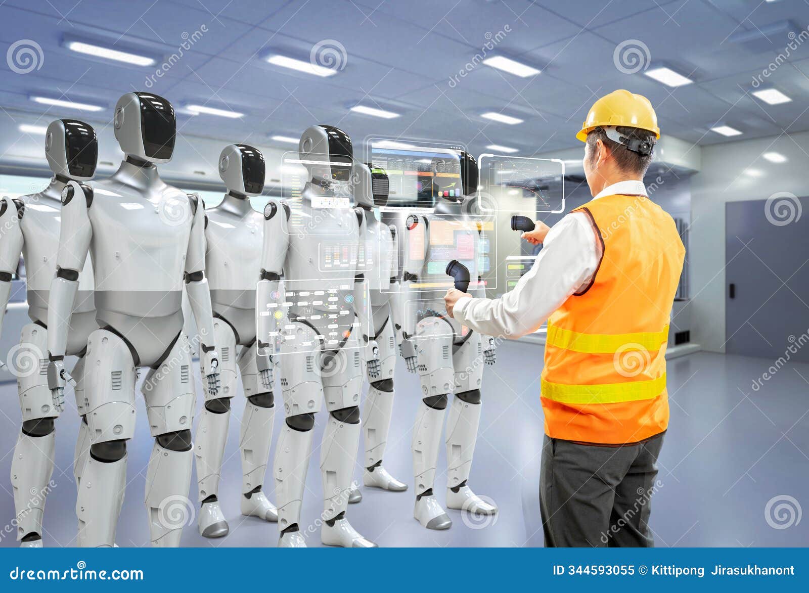 Technician or Engineer Work with Human Like Cyborgs in Factory Stock ...