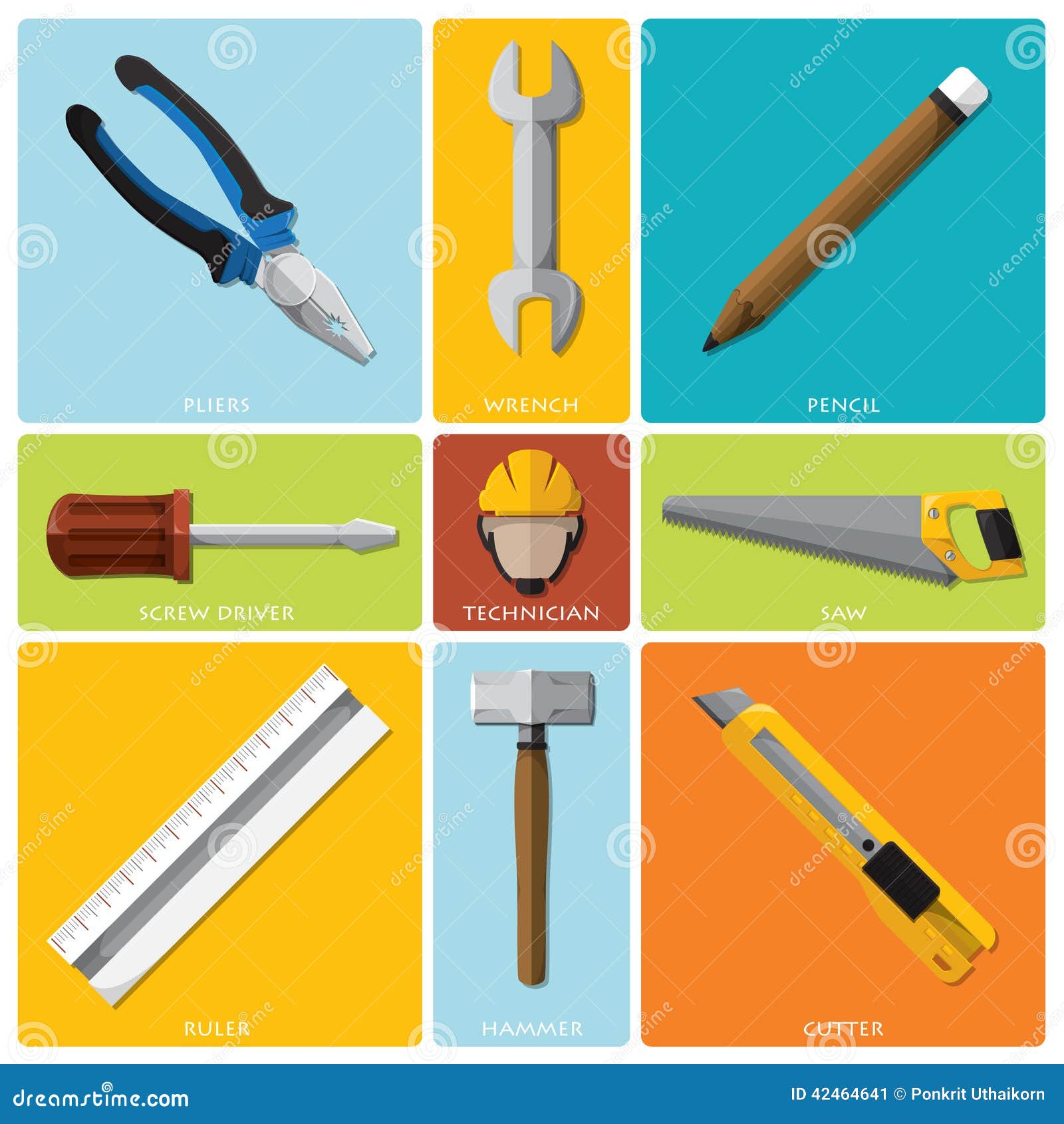 Technician and Equipment Tools Flat Icon Set Stock Vector ...