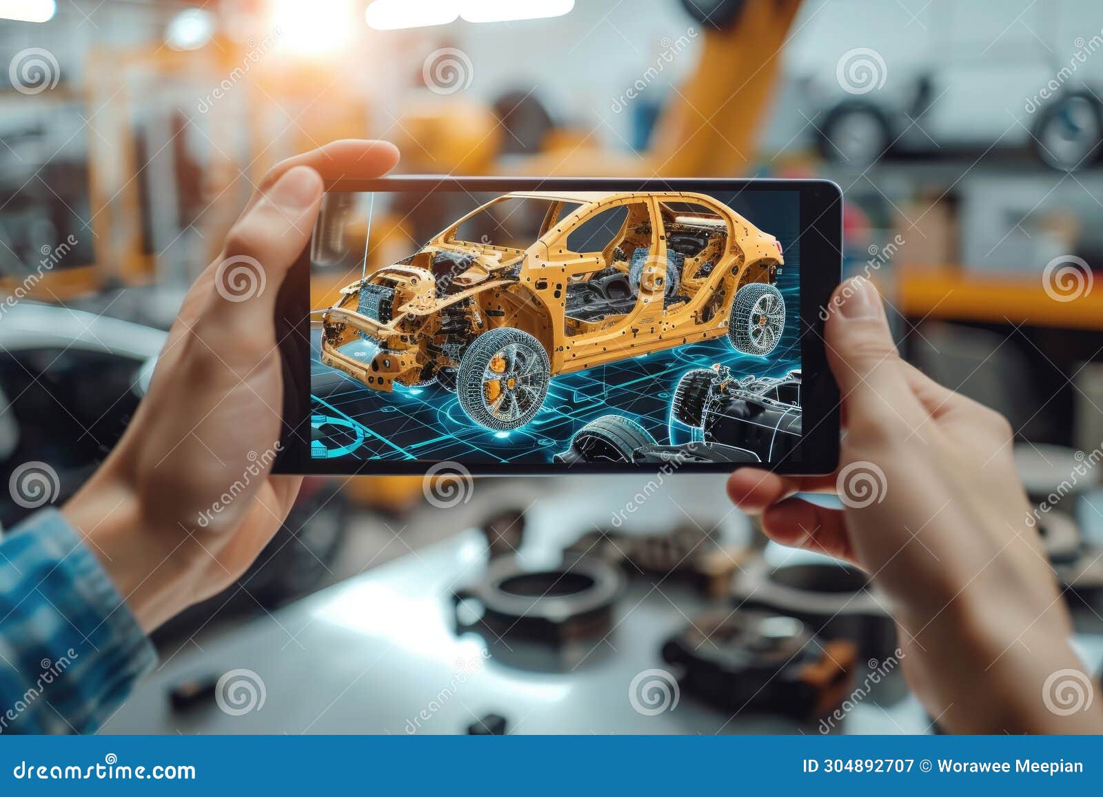 Technician EV Car Engineer Using Virtual Reality Goggle Software To ...