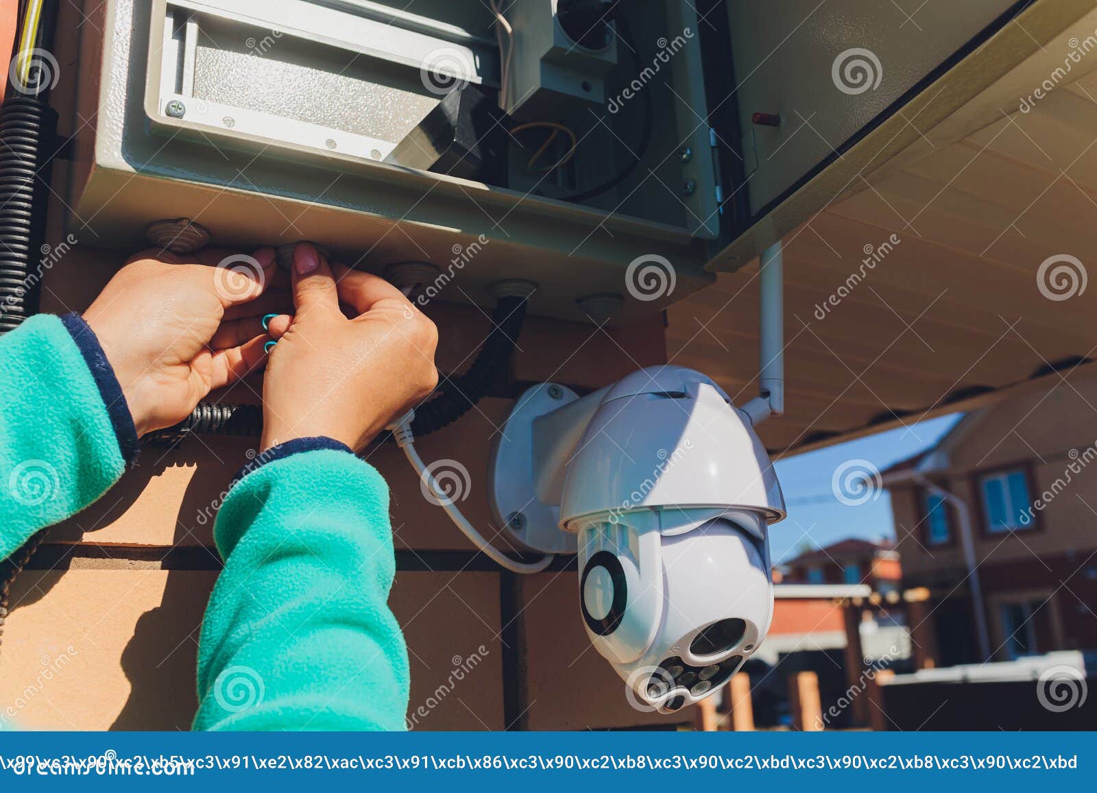 Technician Female Setup Cctv Camera on Wall. Stock Image - Image of ...