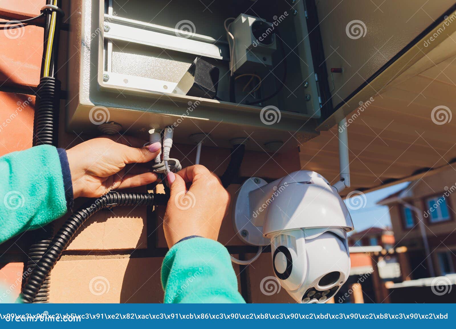 Technician Female Setup Cctv Camera on Wall. Stock Image - Image of ...