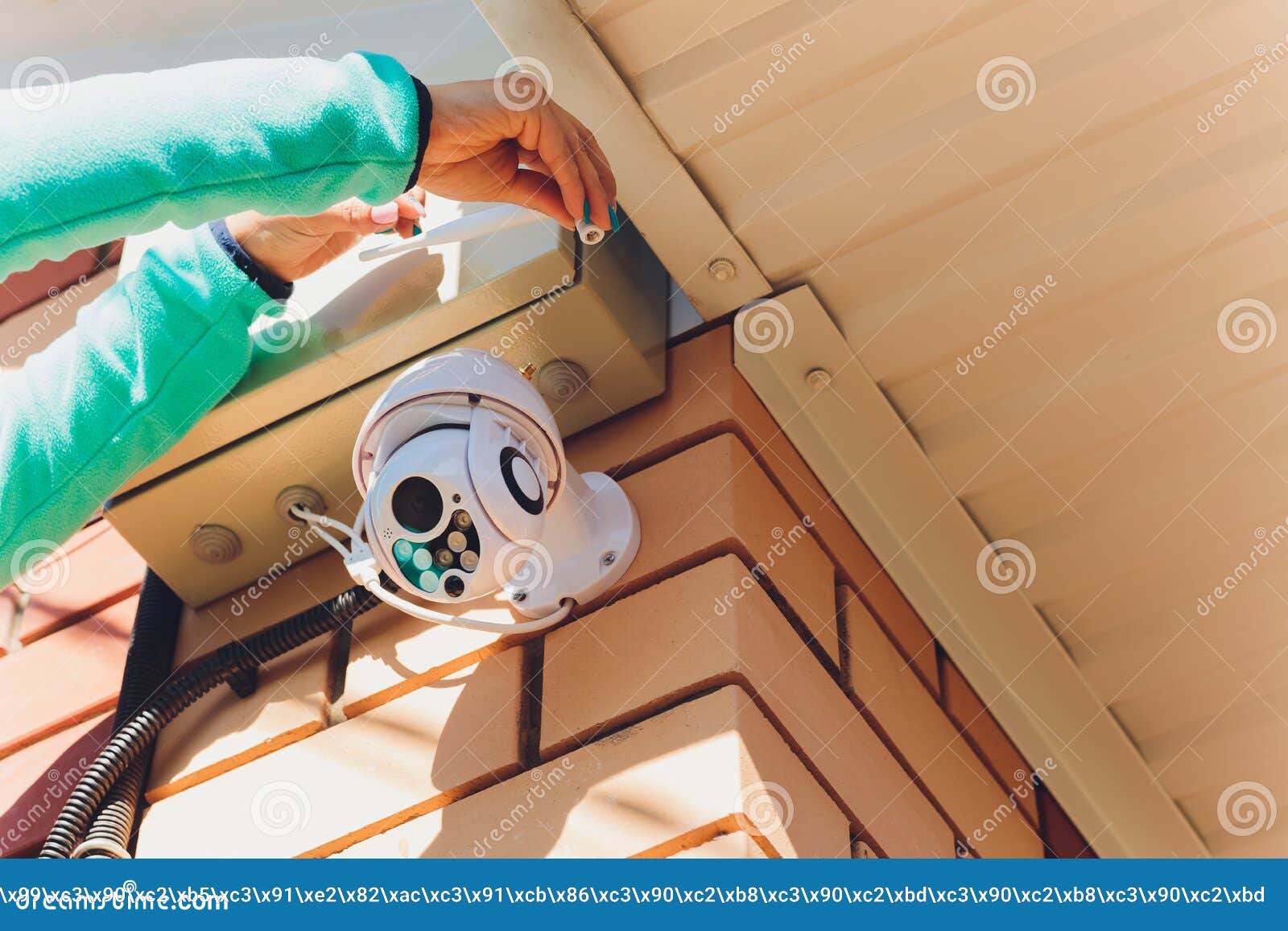 Technician Female Setup Cctv Camera on Wall. Stock Photo - Image of ...