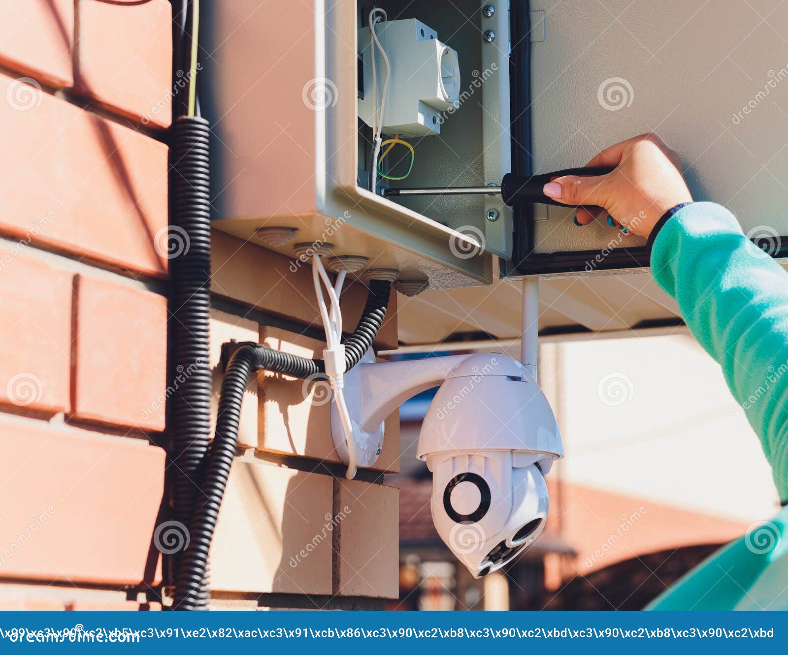 Technician Female Setup Cctv Camera on Wall. Stock Image - Image of ...