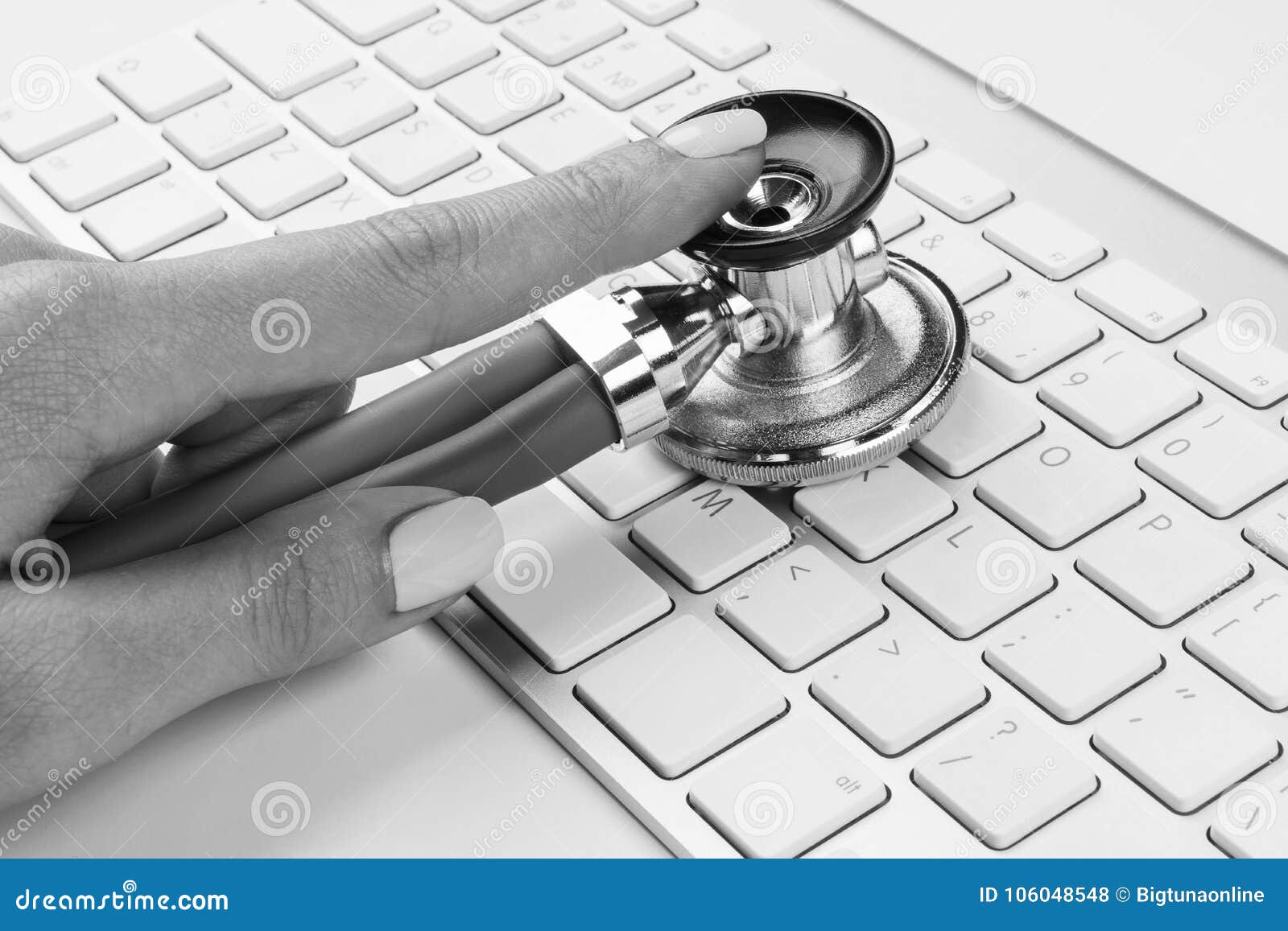 Technician Female Woman Hand Using Stethoscope for Examines Computer ...