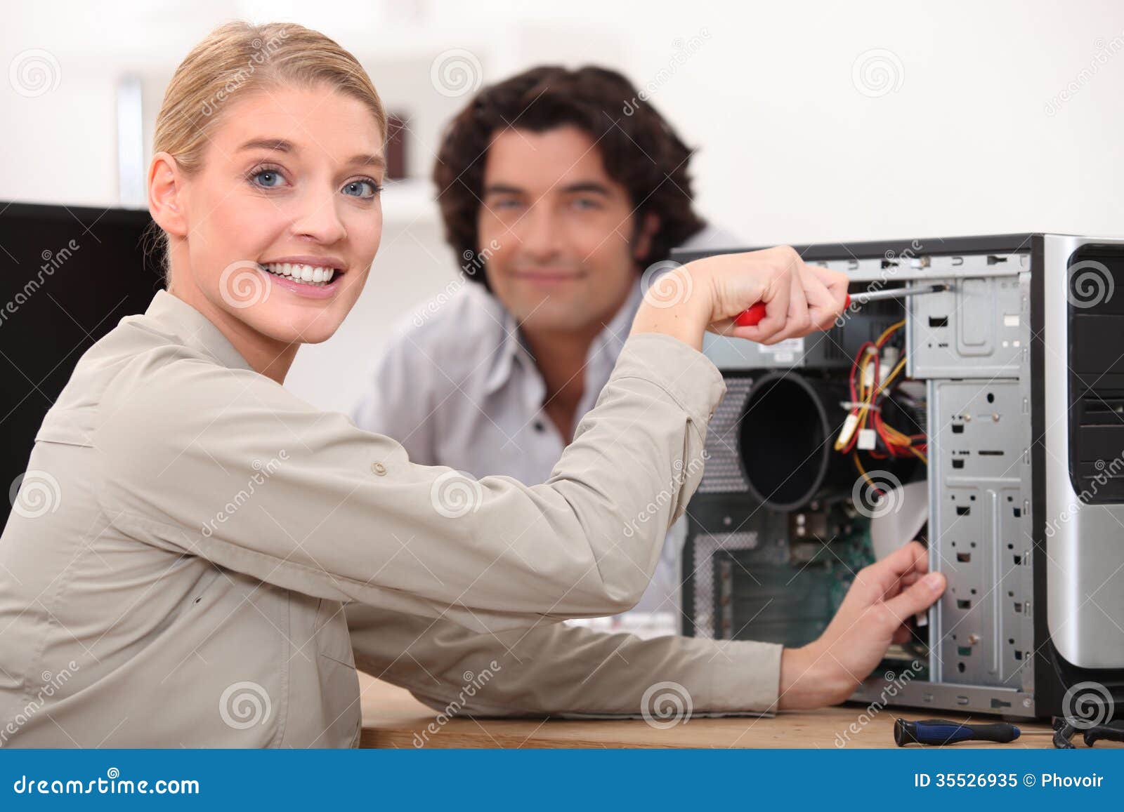 Technician Fixing a Computer Stock Image - Image of service, pleased ...