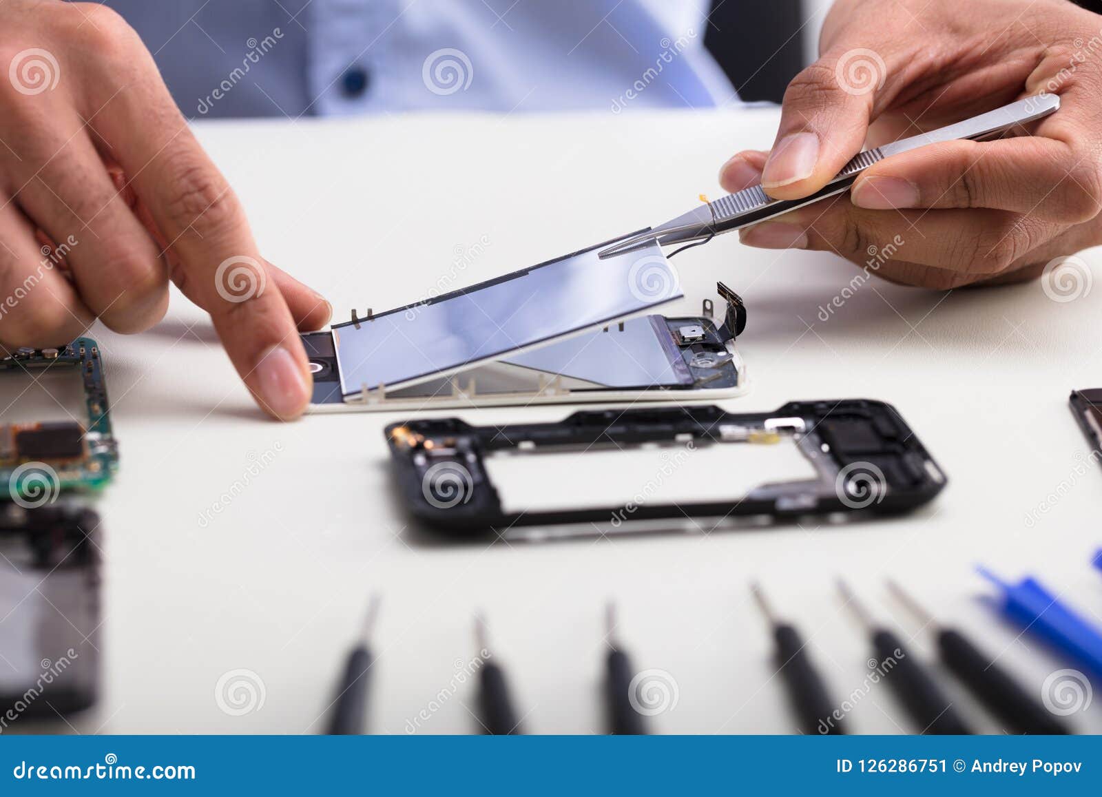 Technician Fixing Damaged Screen on Mobile Phone Stock Image - Image of ...