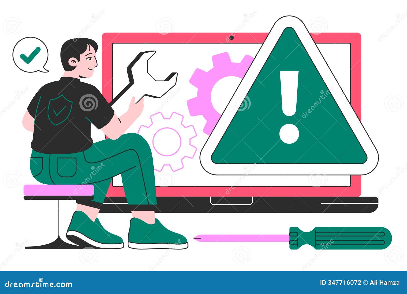 Technician Performing Computer Maintenance with Alert Symbol for ...