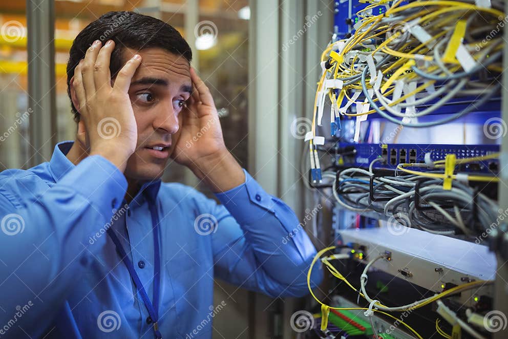 Technician Getting Stressed Over Server Maintenance Stock Image - Image ...