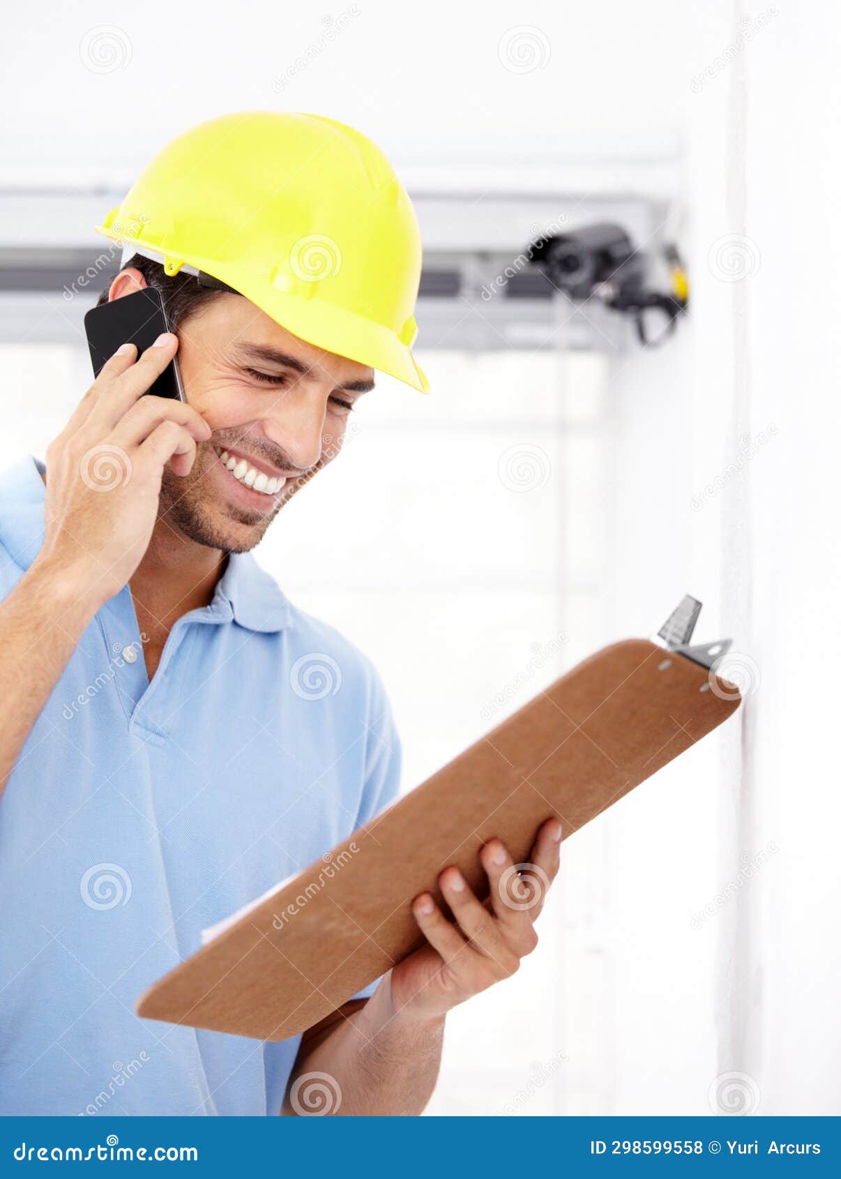 Technician, Happy and Phone Call for Security Camera, Checklist and ...