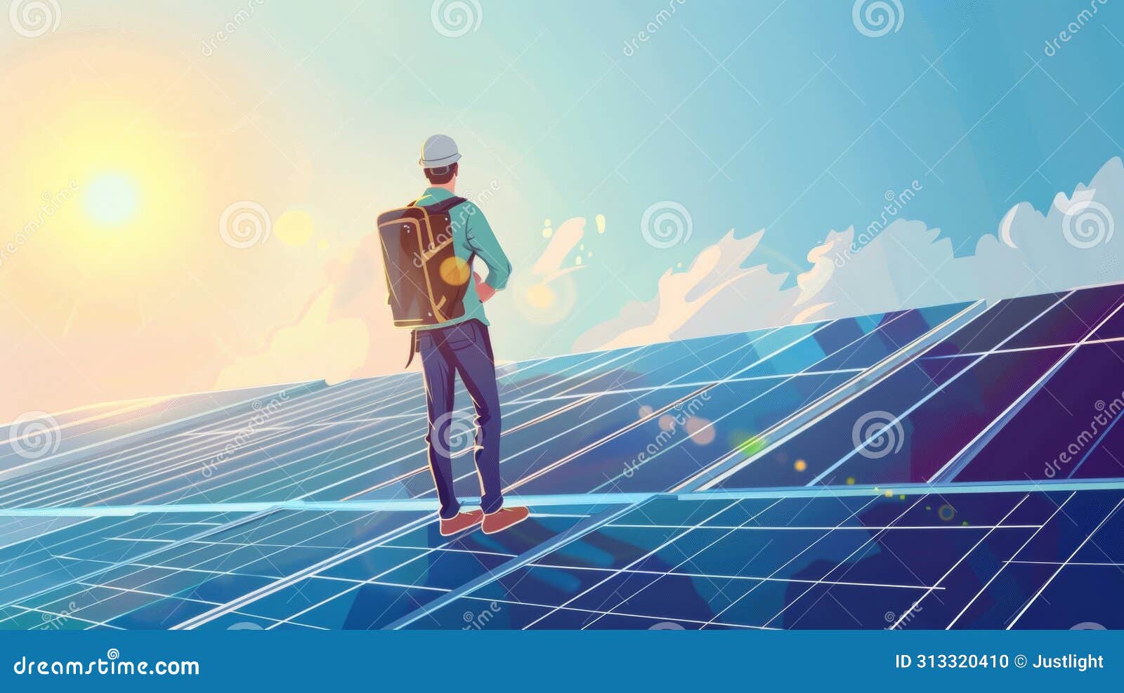 A Technician Inspecting the Alignment of Solar Panels on a Rooftop ...