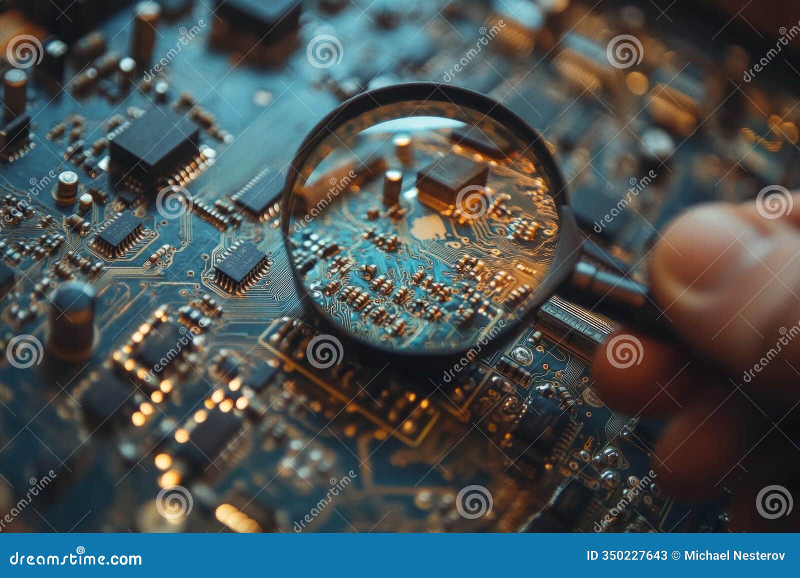 Technician Inspecting Electronic Circuit Board with Magnifying Glass ...
