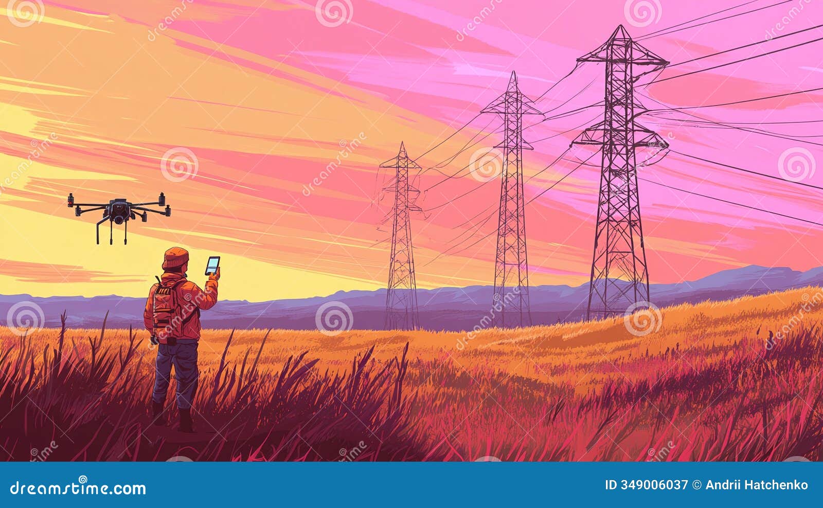 A Technician Inspecting High-voltage Transmission Lines Using a Drone ...