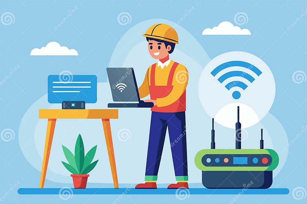 A Technician Inspects a Wifi Router while Using a Laptop in a Colorful ...