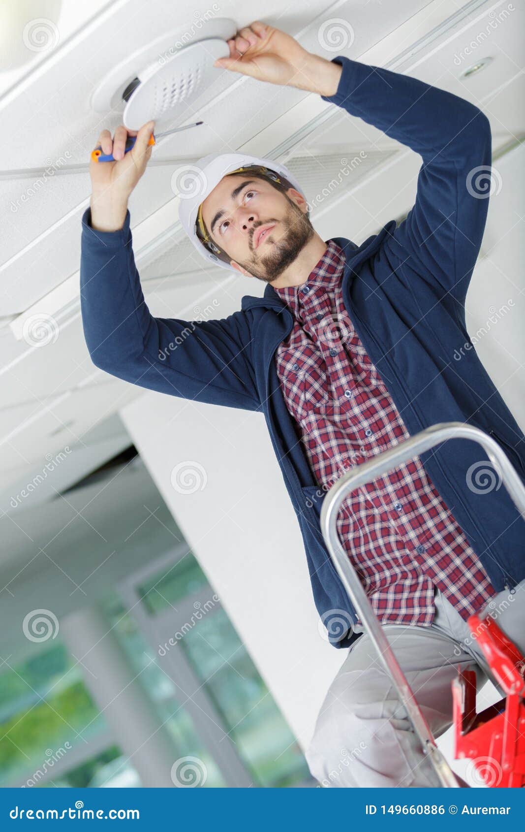 Technician Install Vent on Ceiling in Office Stock Photo - Image of ...