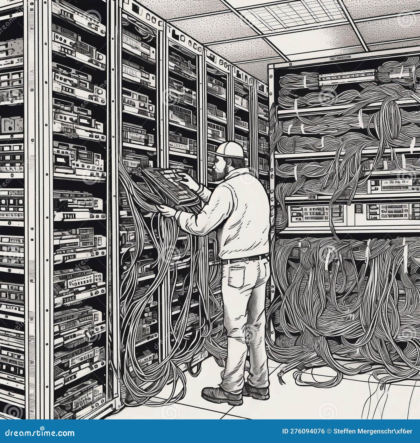 Technician In Server Room. Computer Lan Master With Router Communicate Hardware Cabling Tech ...