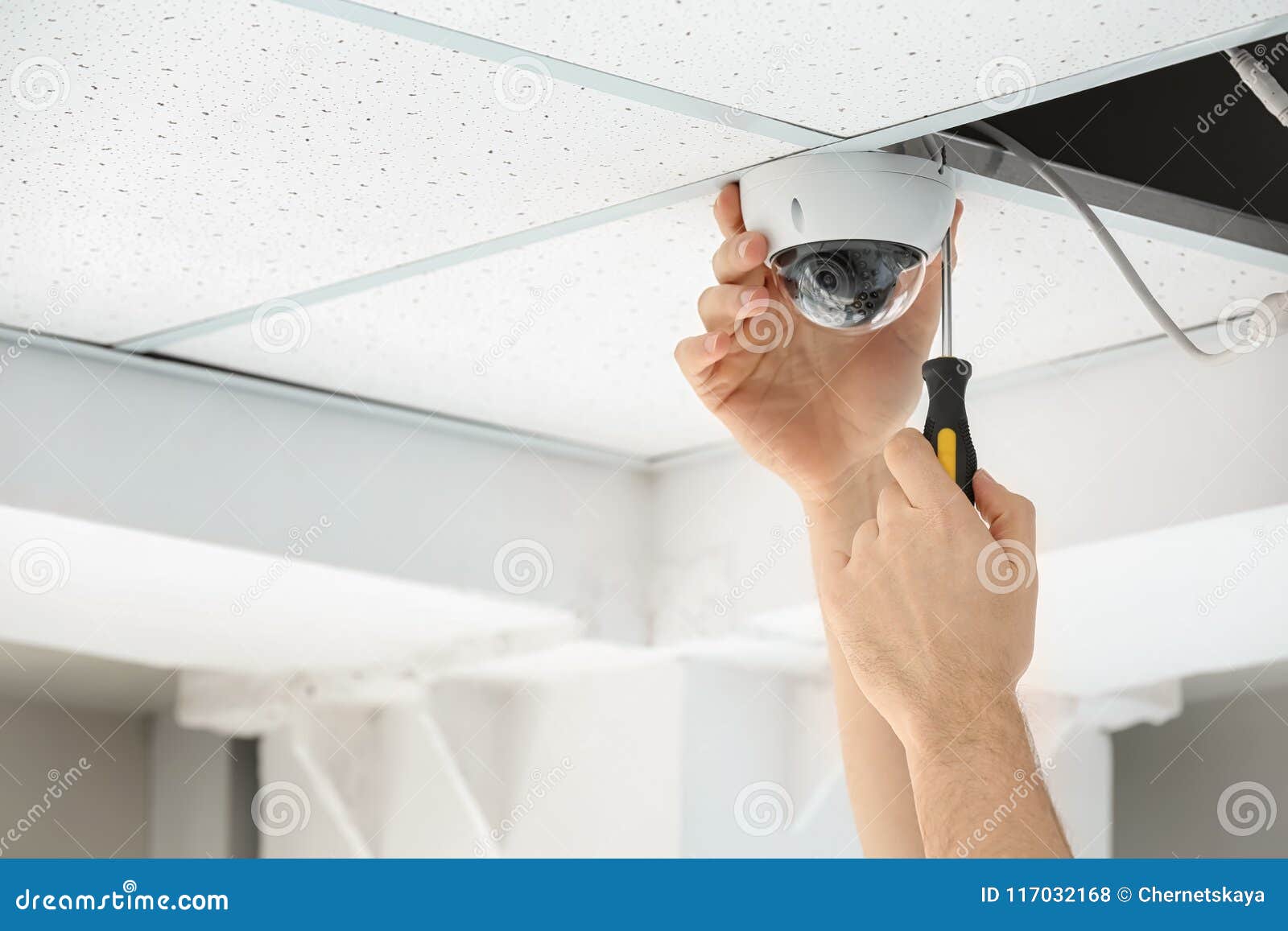 Technician Installing CCTV Camera on Ceiling Indoor Stock Photo - Image ...