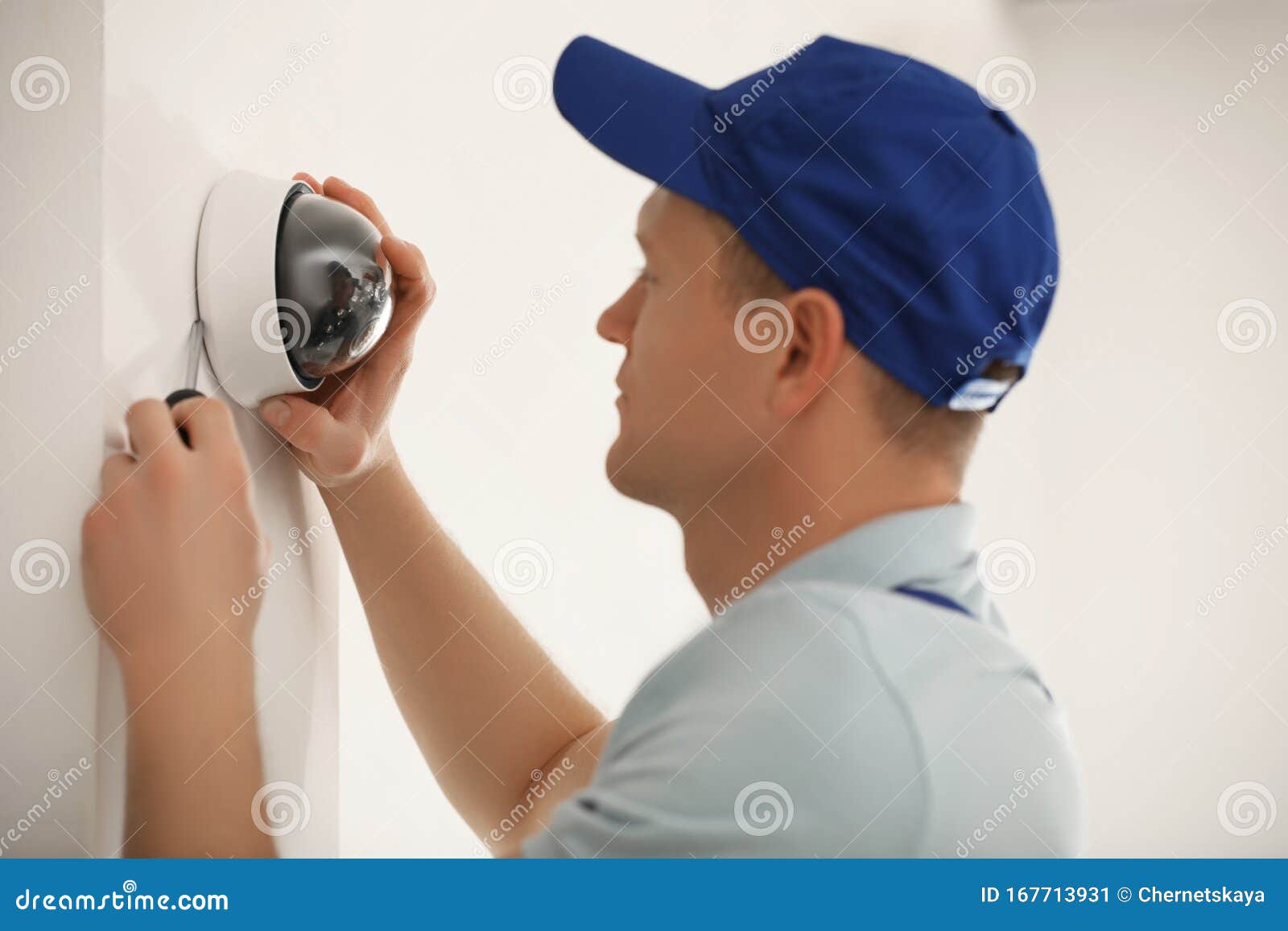 Technician Installing CCTV Camera on Wall Stock Image - Image of ...