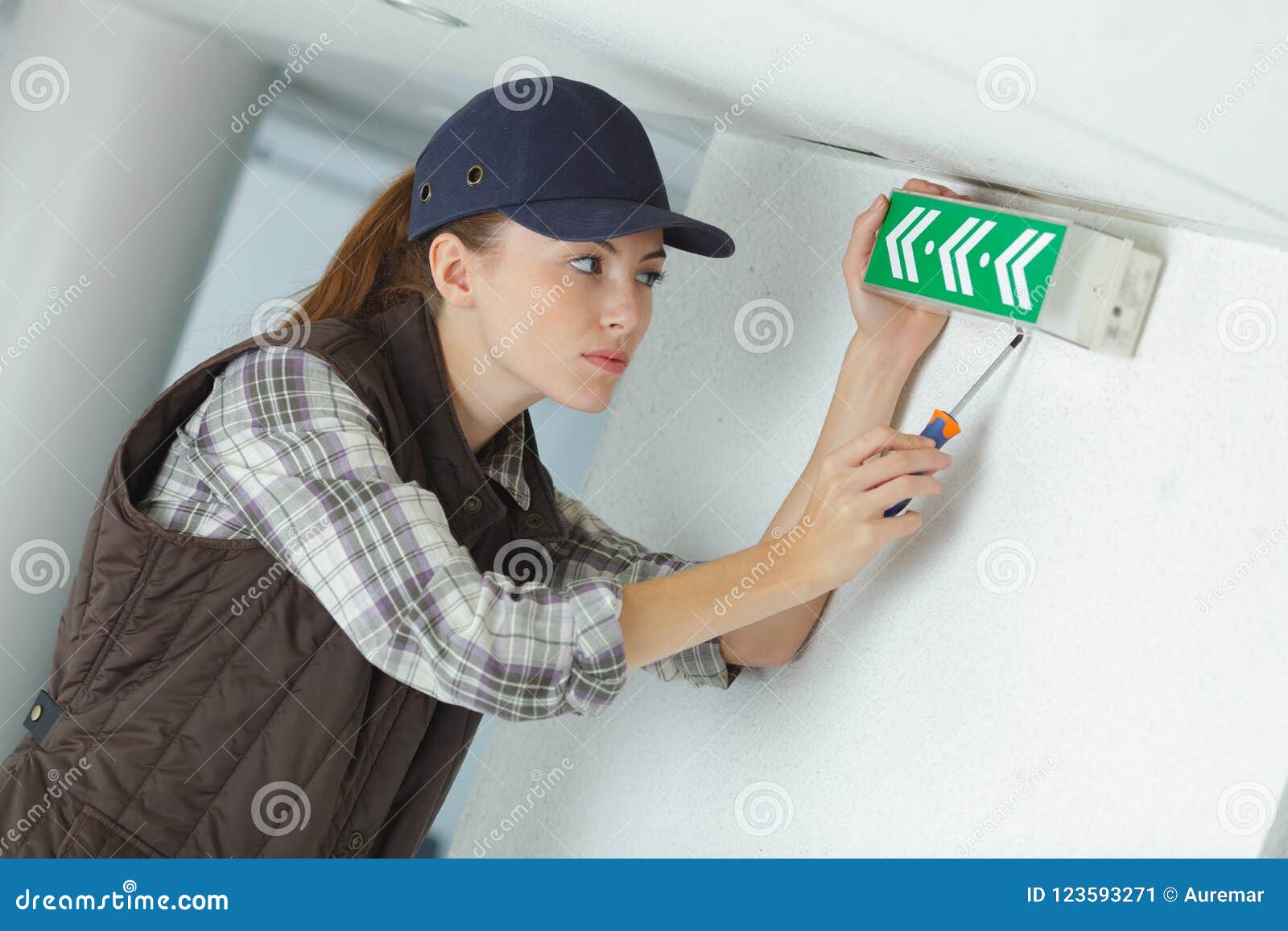 Technician Installing Emergency Sign Stock Image - Image of danger ...