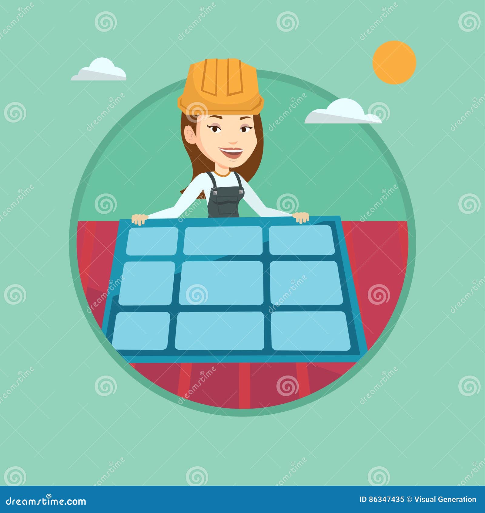 Technician Installing Solar Panel on Roof. Stock Vector - Illustration ...