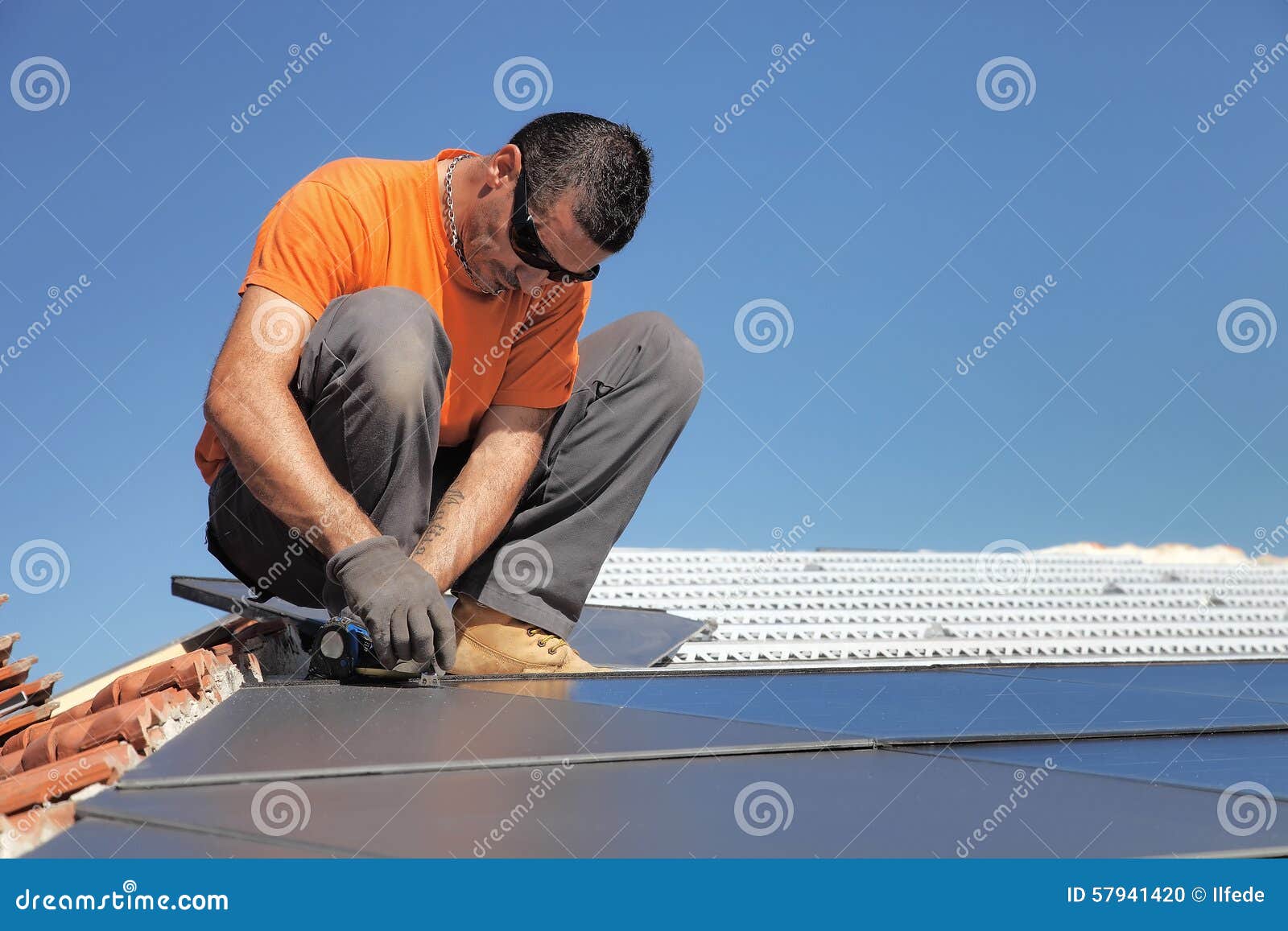 Technician Installing Solar Panels Stock Photo - Image of installing ...