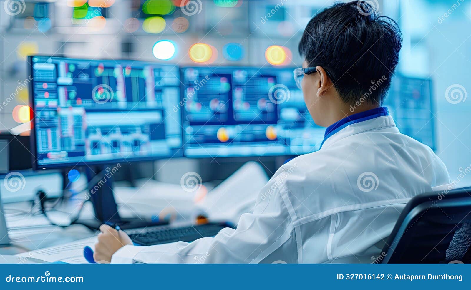 A Technician in a Lab Coat Works on Multiple Computer Monitors in a ...