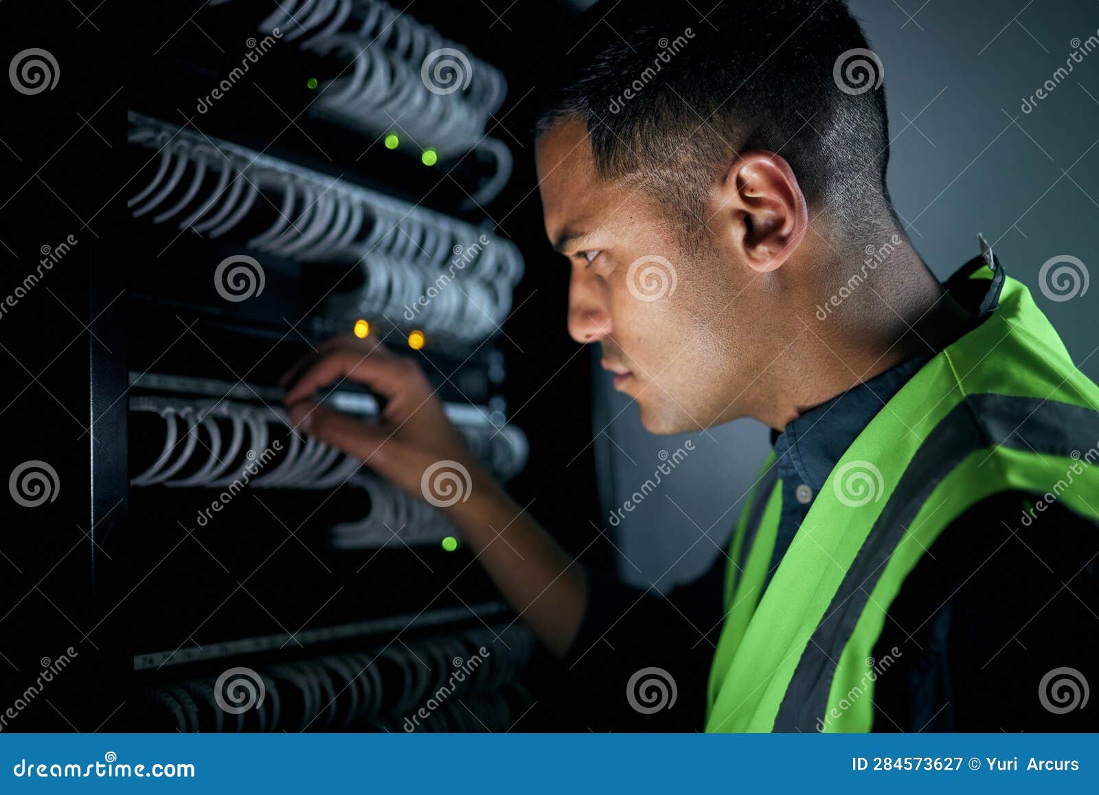 Technician Man, Server Room and Inspection for Cables, Thinking and ...