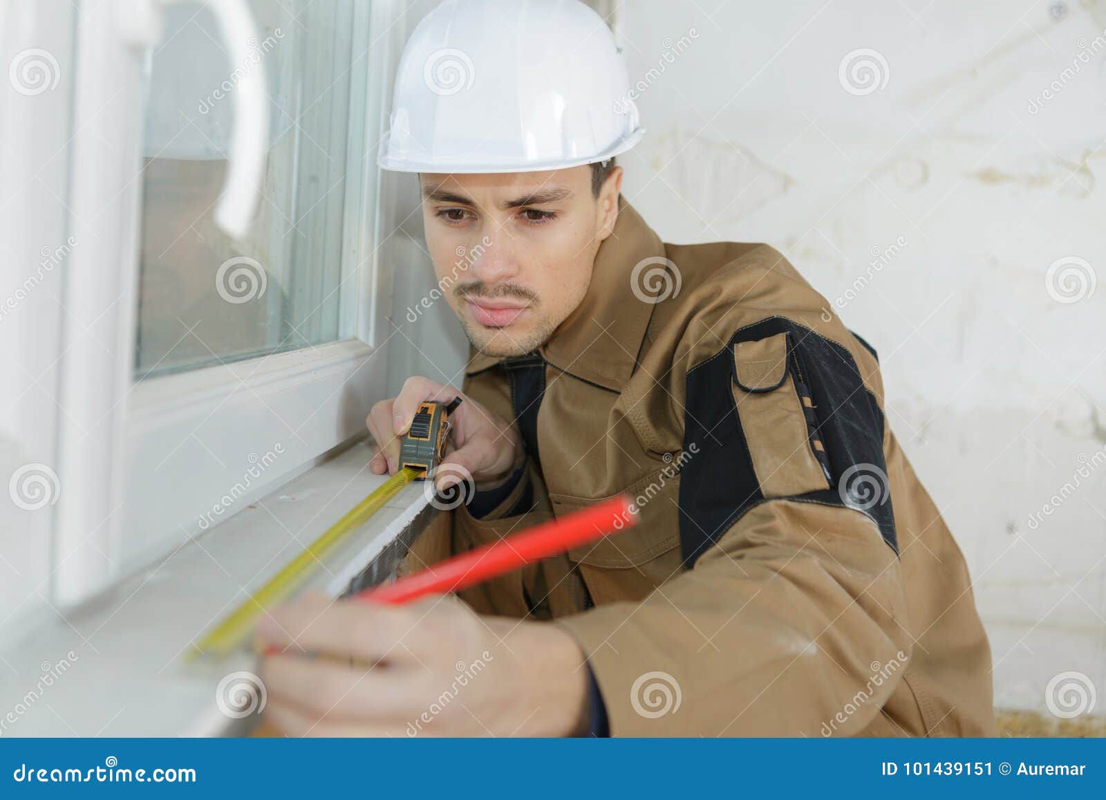 Technician Measuring Window Frame with Measuring Tape Stock Image ...