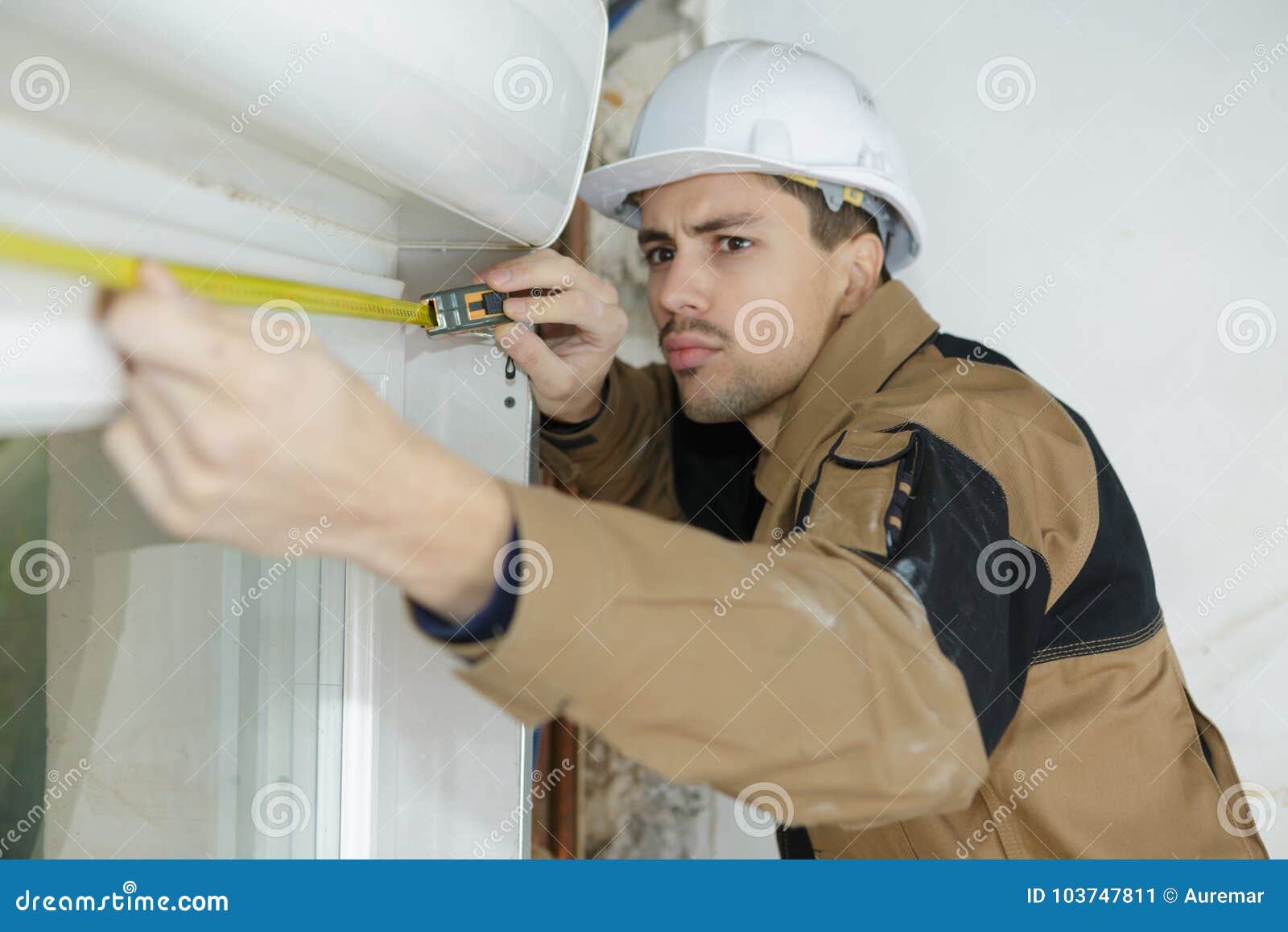 Technician Measuring Window Frame with Measuring Tape Stock Image ...