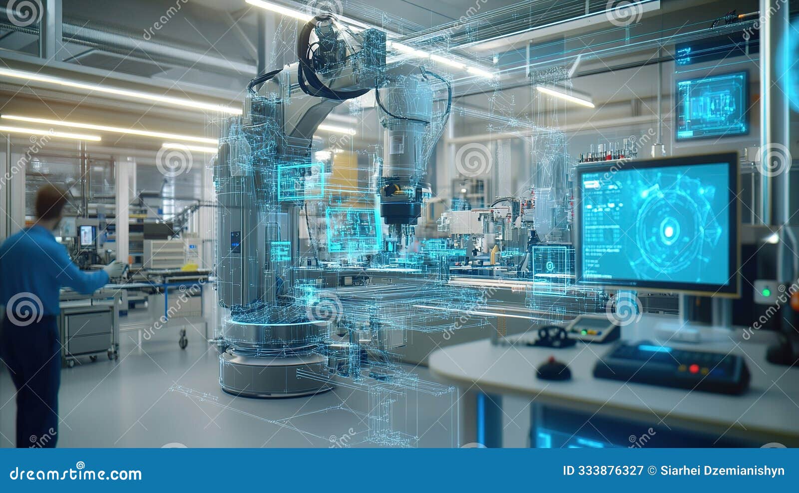 A Technician Monitors Robotic Arm Operations in a High-tech ...