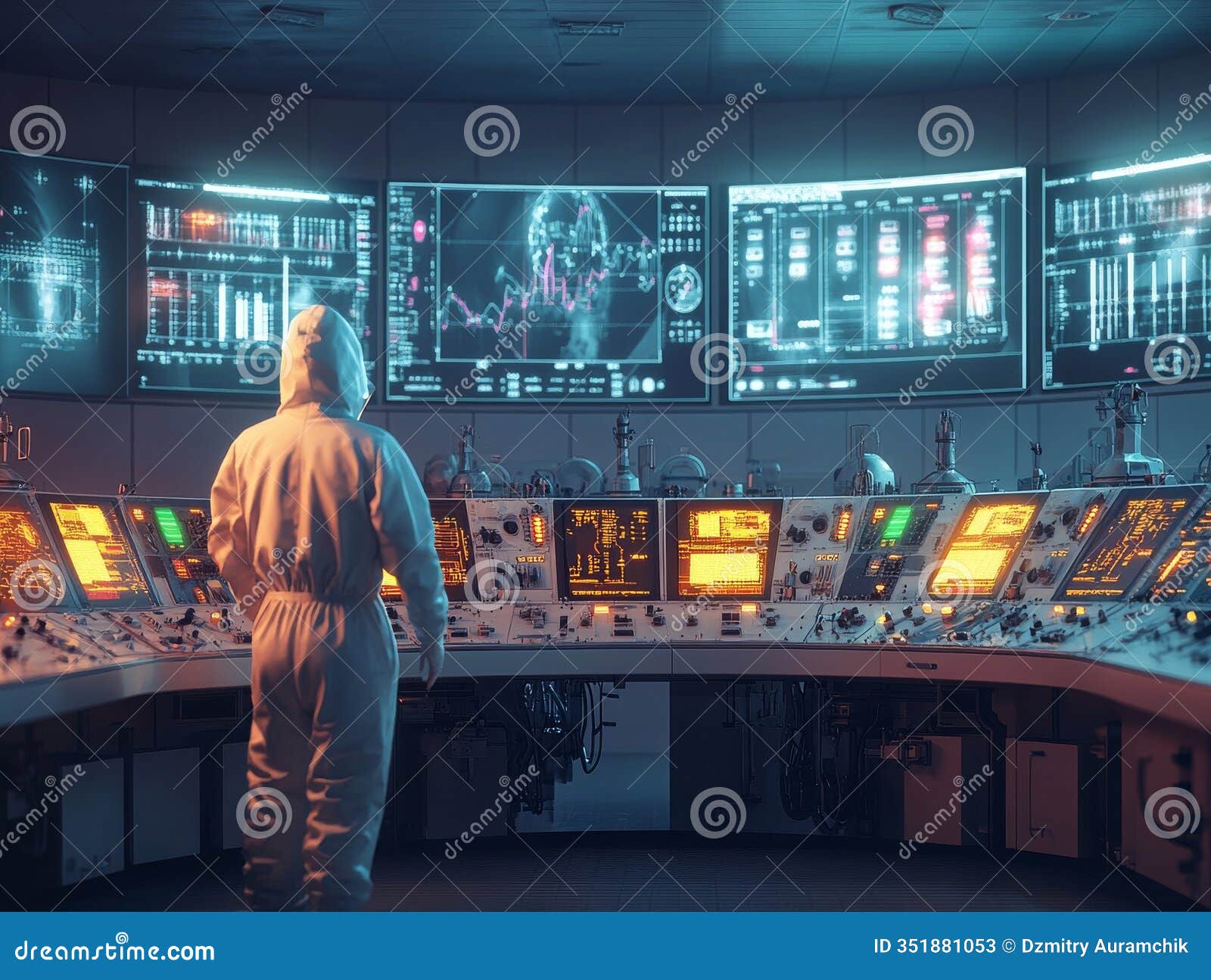 A Technician in a Nuclear Reactor Control Room Supervises the ...
