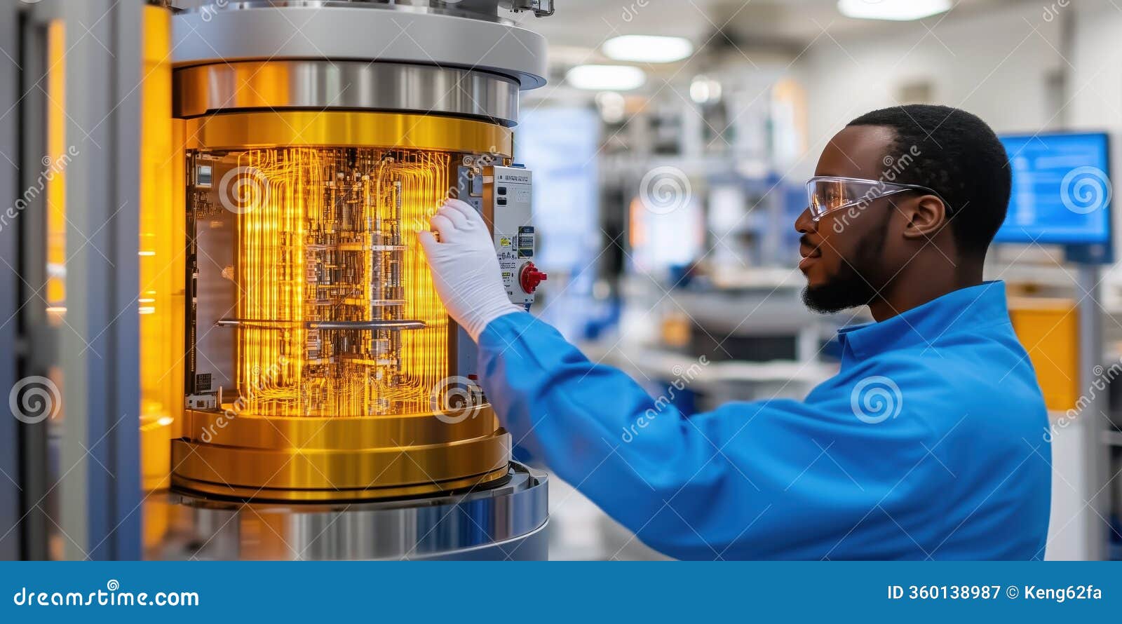 Technician Operates Futuristic Quantum Computer Core with Glowing ...
