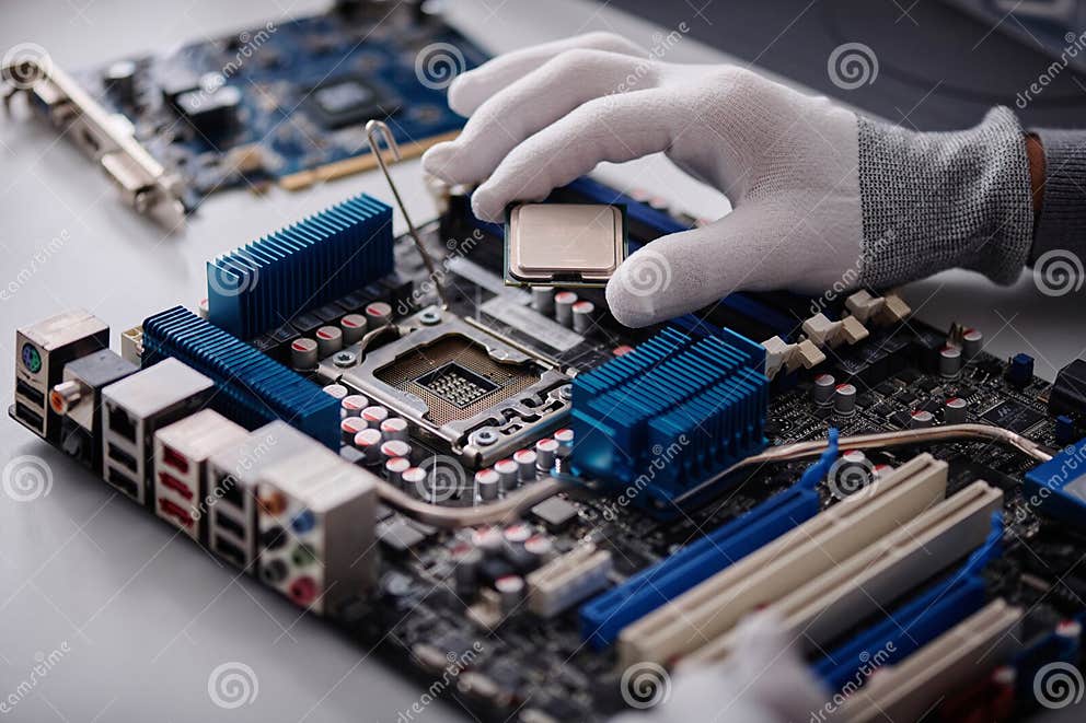 Technician Placing CPU on Computer Mainboard Stock Photo - Image of ...