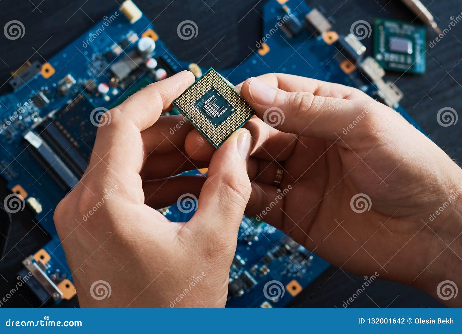 Technician Plug in CPU Microprocessor To Computer Motherboard Stock ...