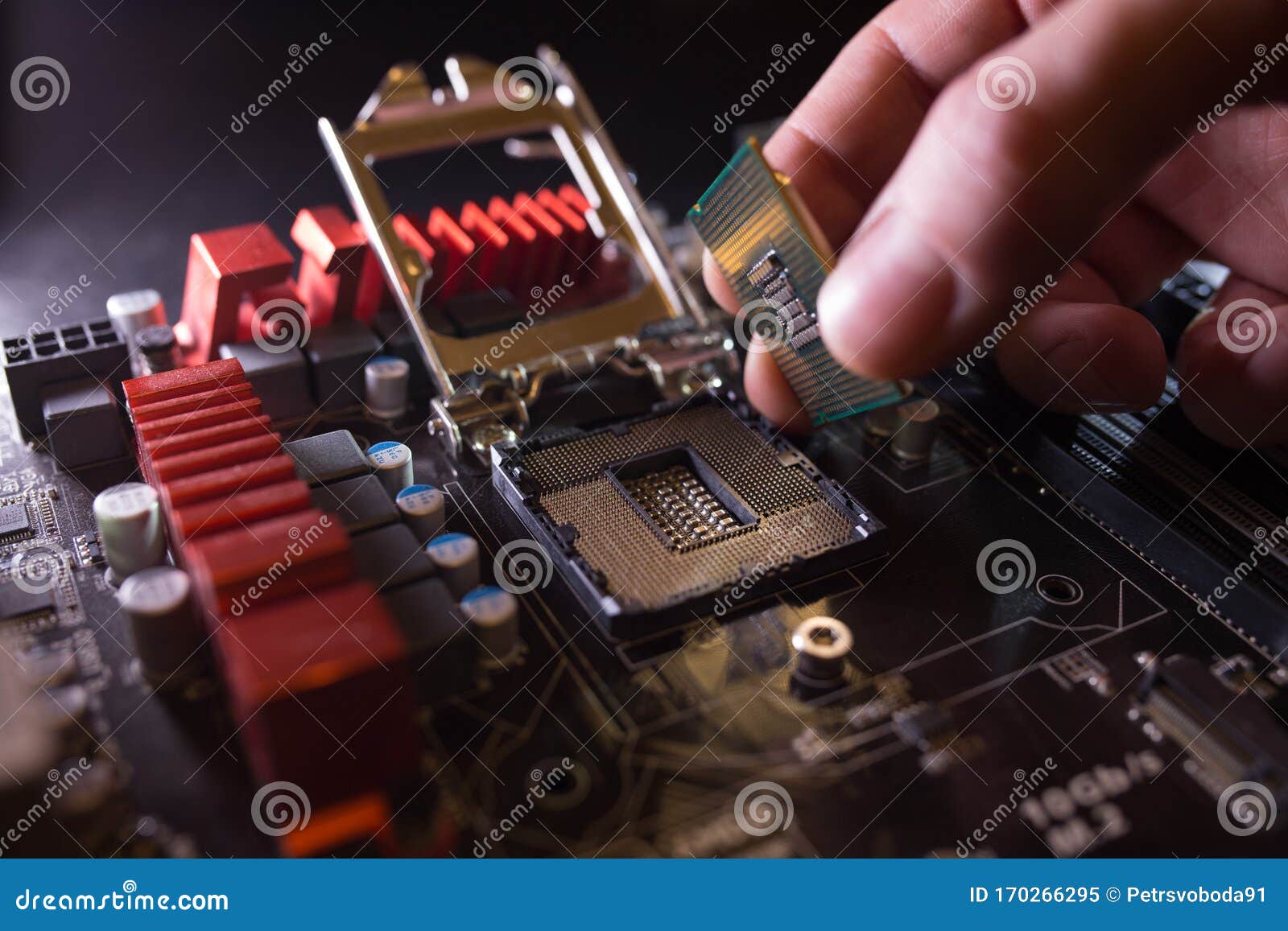 Technician Plug in CPU Microprocessor To Motherboard Socket. Workshop ...