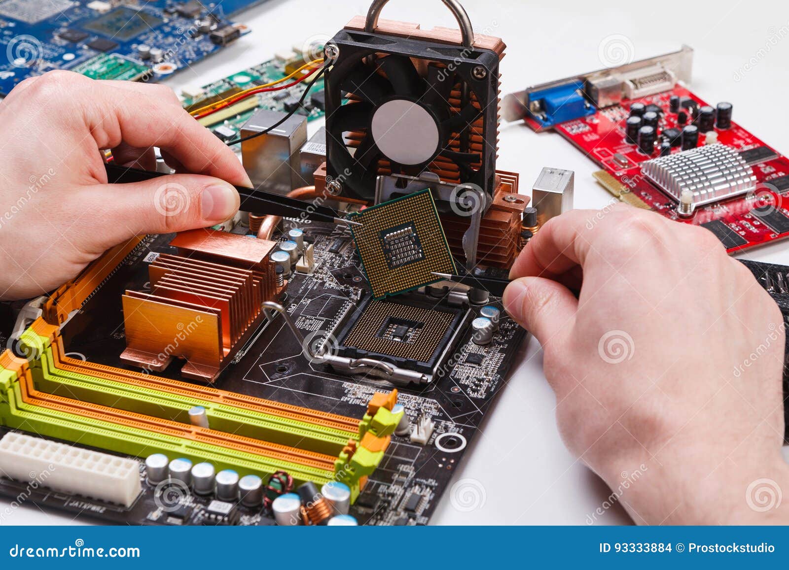 Technician Plug In CPU Microprocessor To Motherboard Socket. Royalty ...