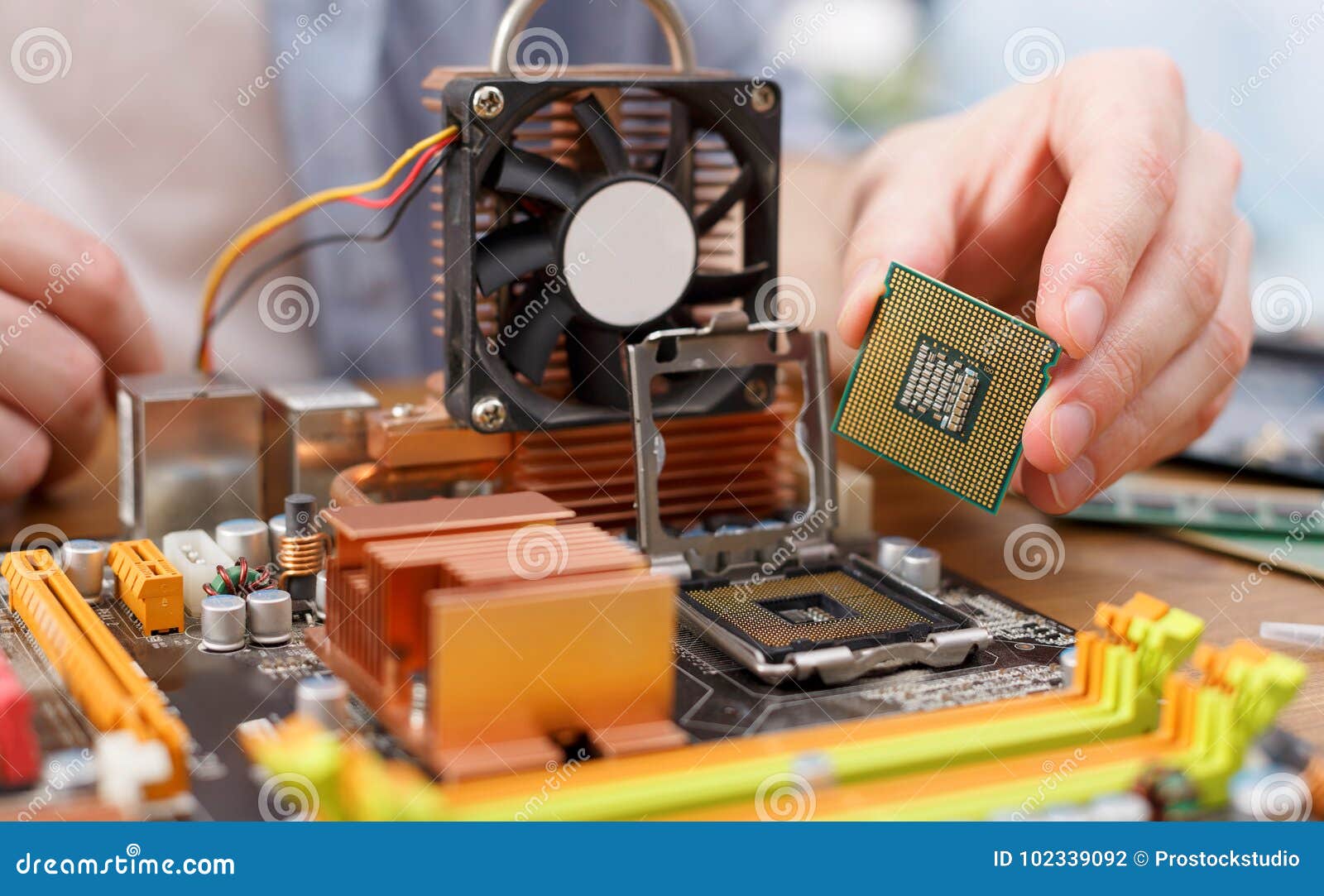 Technician Plug In CPU Microprocessor To Motherboard Socket. Royalty ...