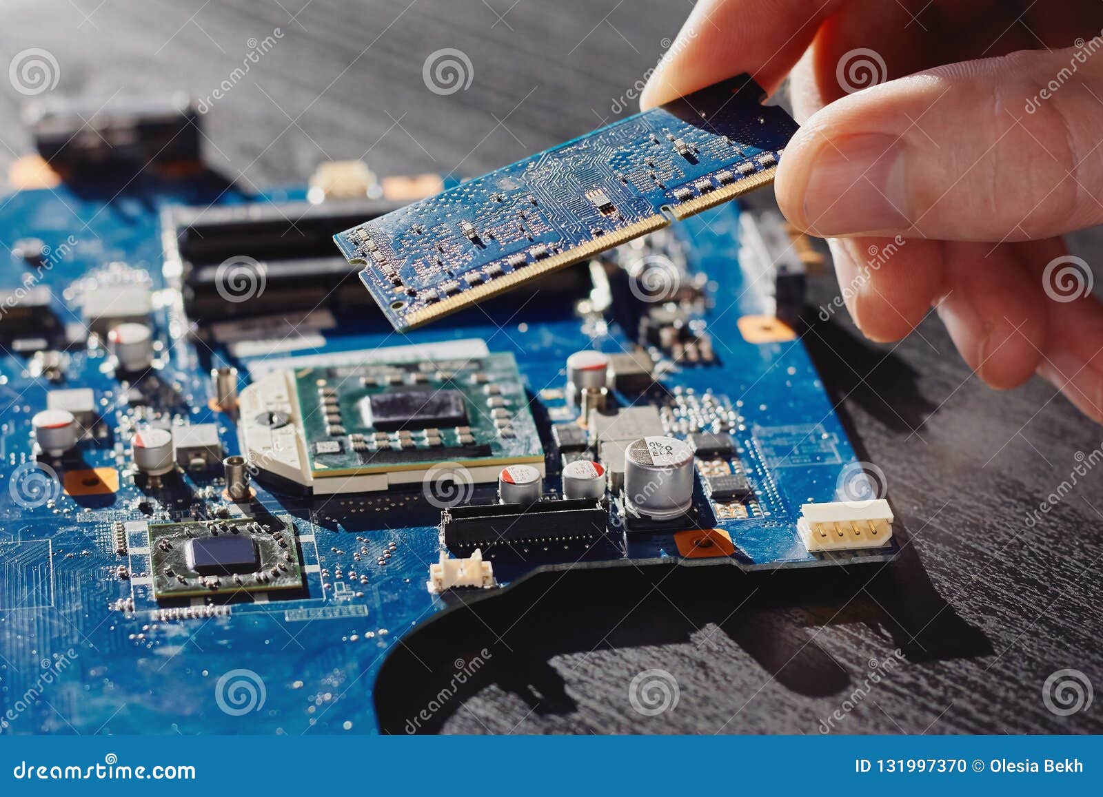 Technician Plugs in Memory To Computer Motherboard Stock Photo - Image ...