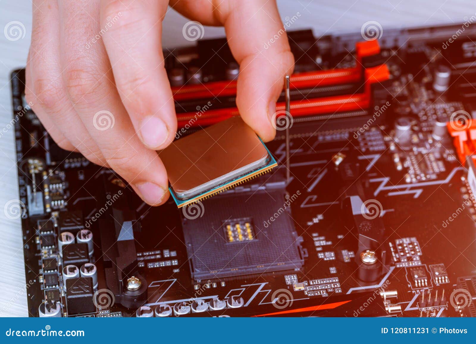 The Technician is Putting the CPU on the Socket of the Computer ...
