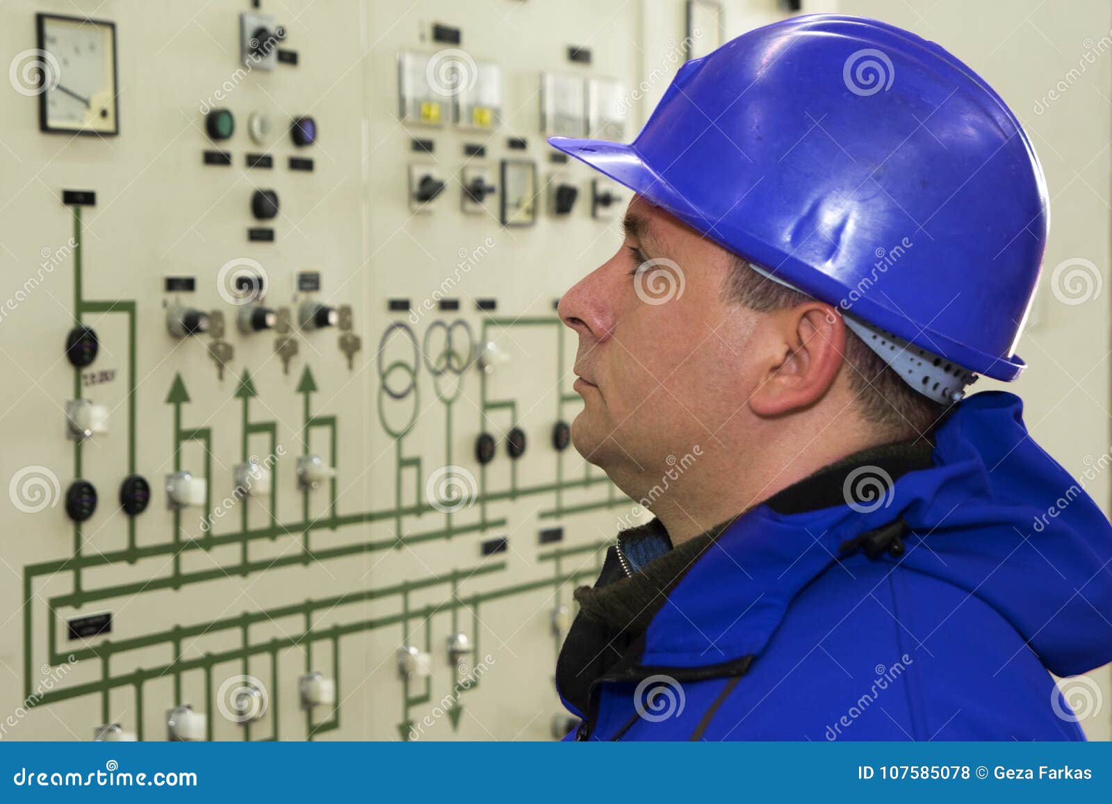Engineer with Red Helmet Control Instruments in Power Plant Stock Photo ...