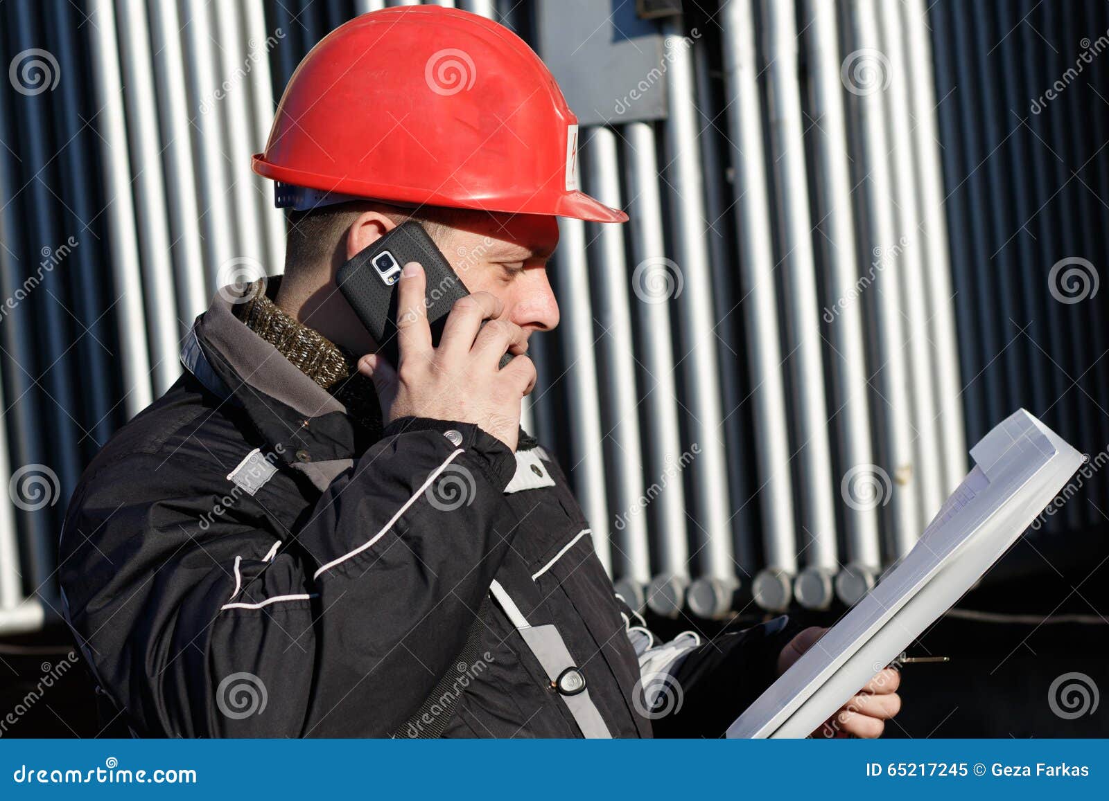 Technician in Red Helmet Make Call in Power Plant Stock Image - Image ...