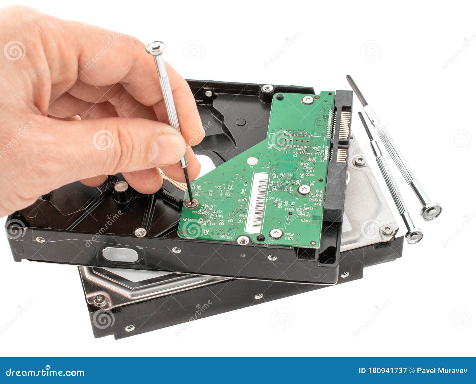 Technician Repairing Broken Hard Disk. Set of Screwdrivers for Repair ...