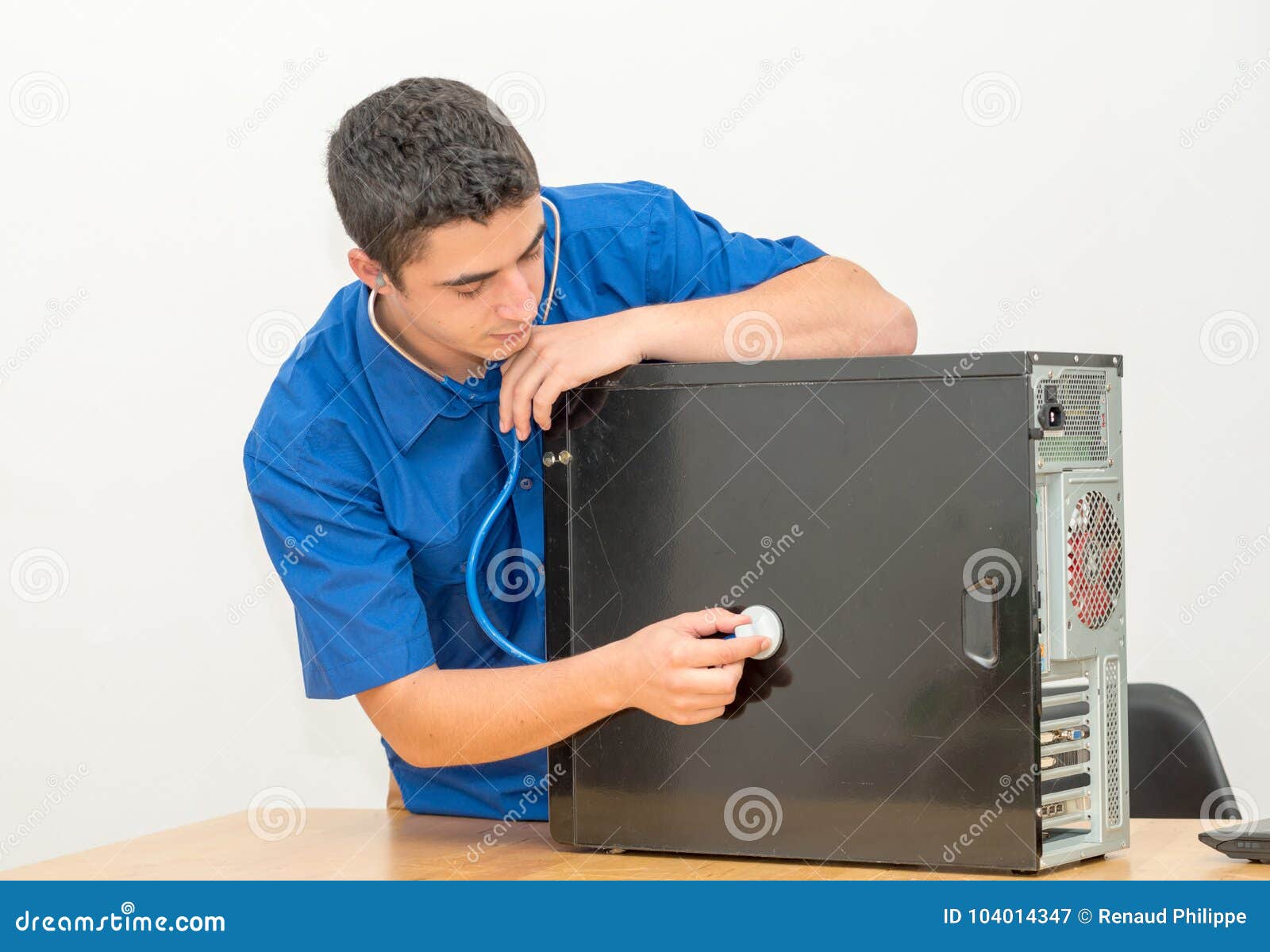 Technician Repairing Broken Pc Desktop Computer with Stethoscope Stock ...