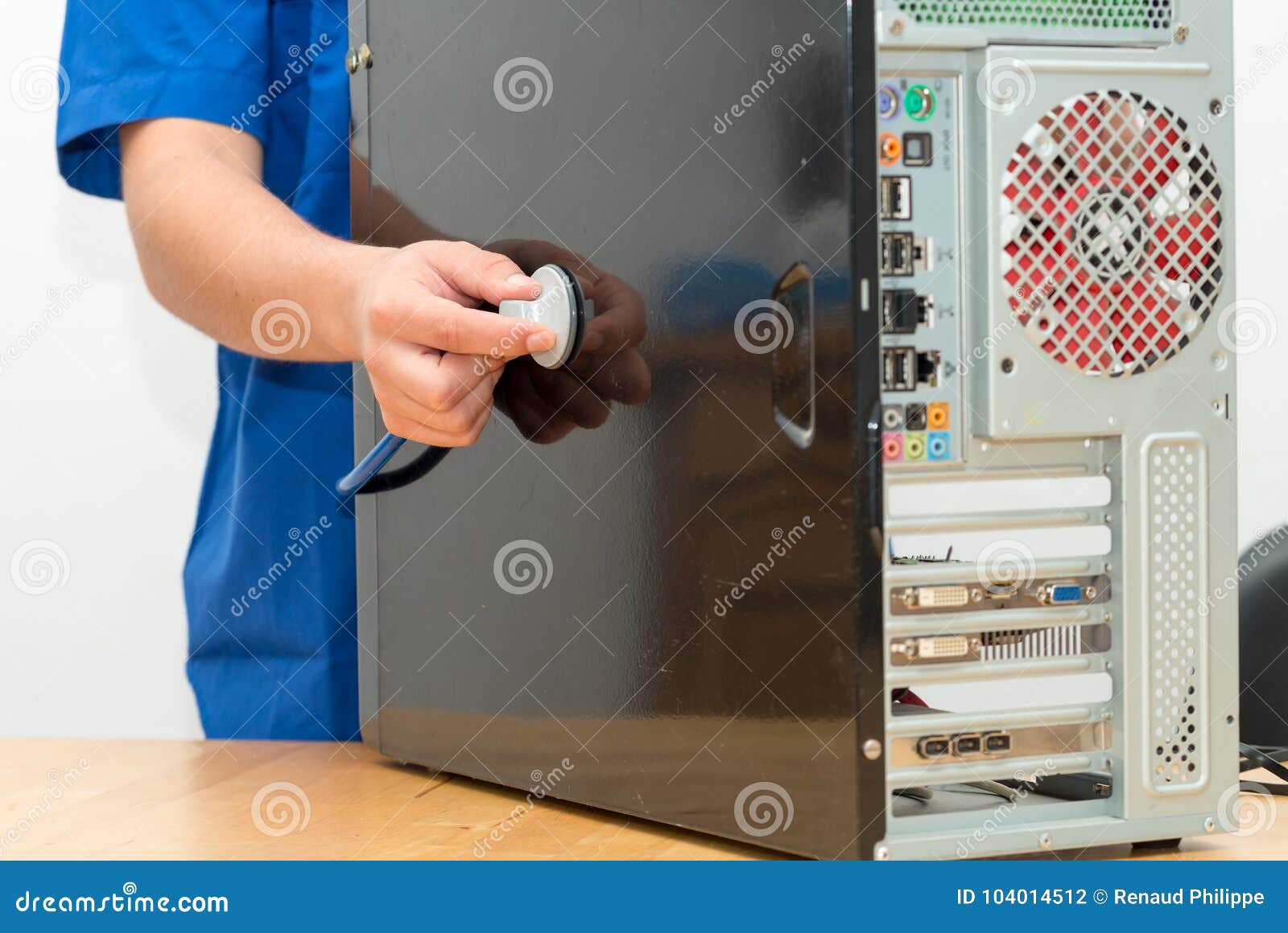 Technician Repairing Broken Pc Desktop Computer with Stethoscope Stock ...