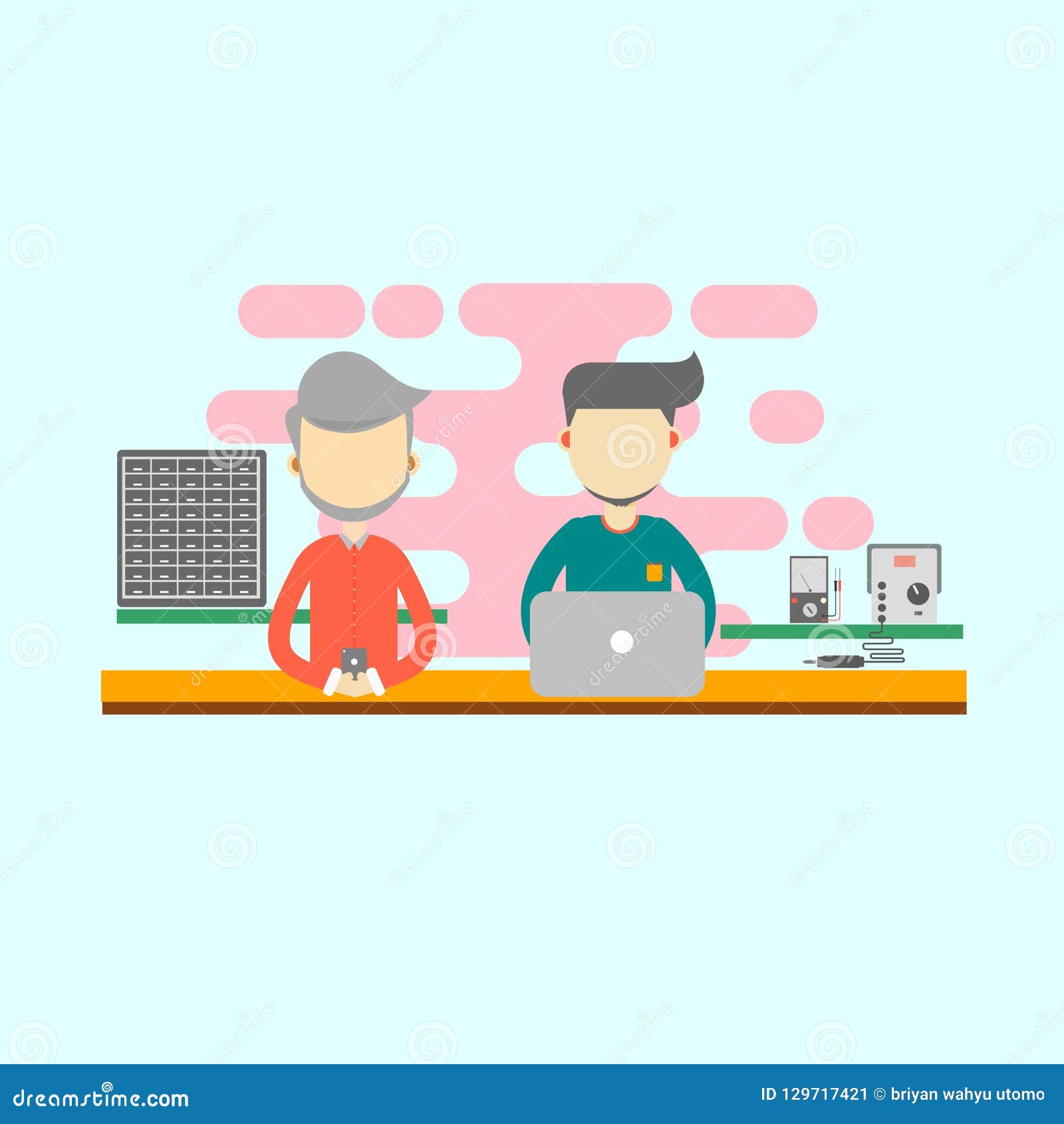Two Men Working in the Office As Computer Technician. Flat Design ...