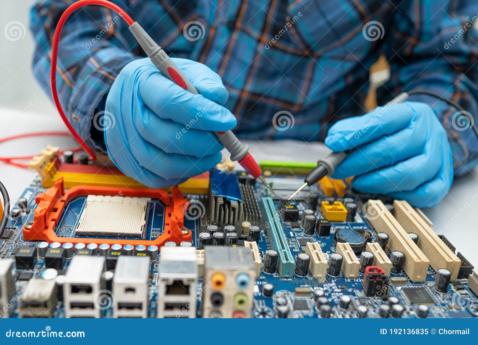 Technician Repairing Micro Circuit Main Board Computer Electronic ...
